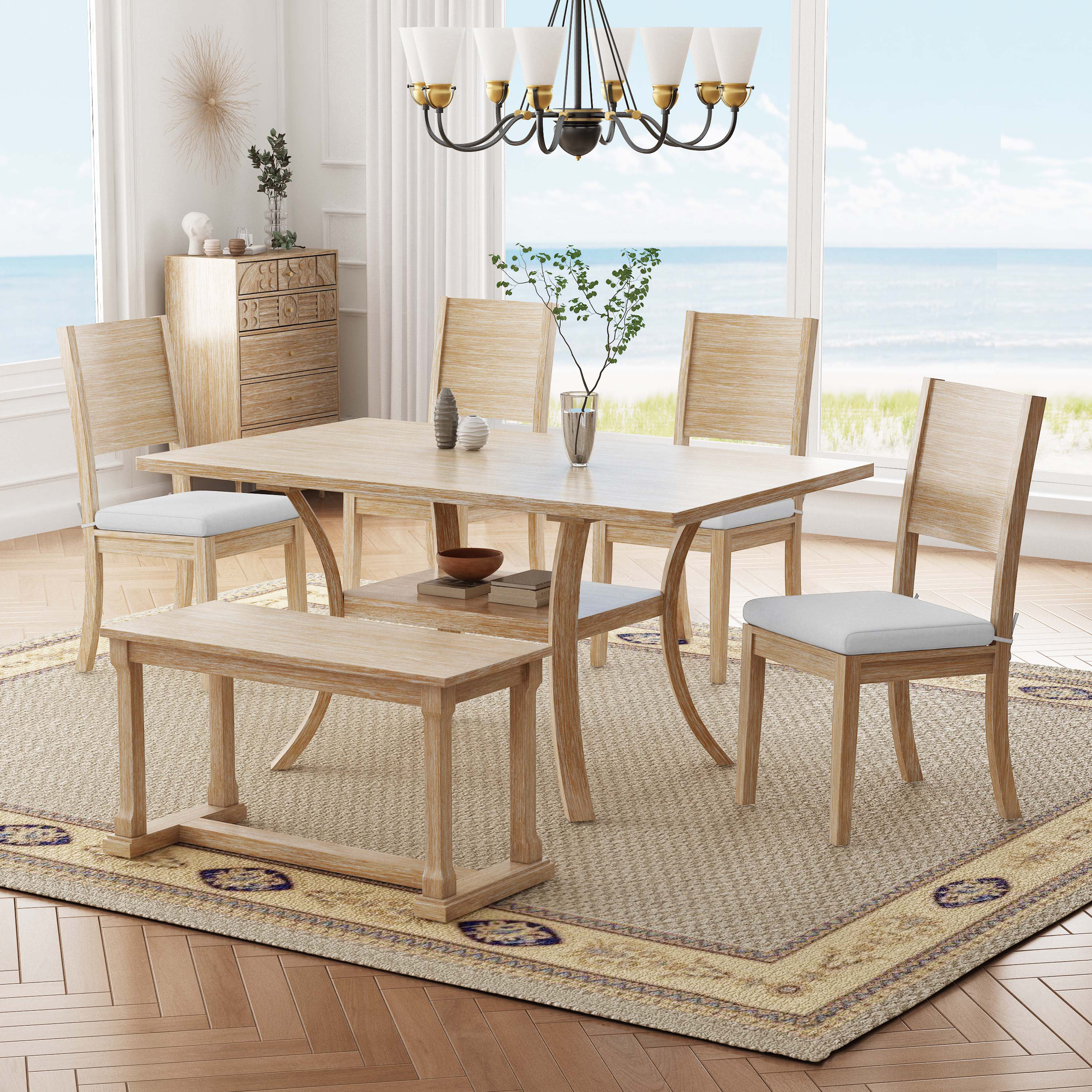 Gracie Oaks 6-Piece Wood Dining Table Set with Storage Shelf and Curved ...