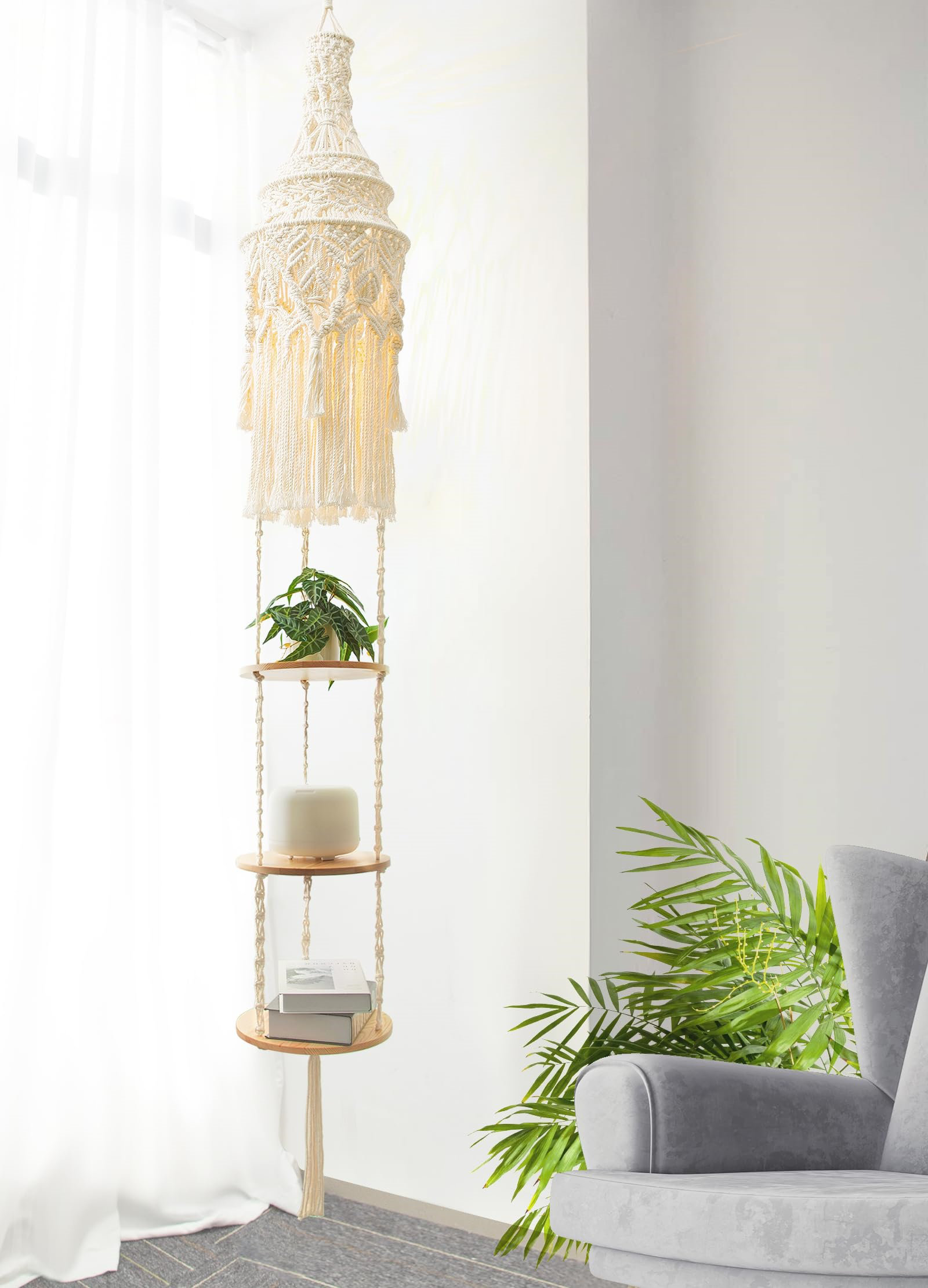 Dakota Fields 3-Tier Cotton Macrame Hanging Light Fixture Shelf | Wayfair