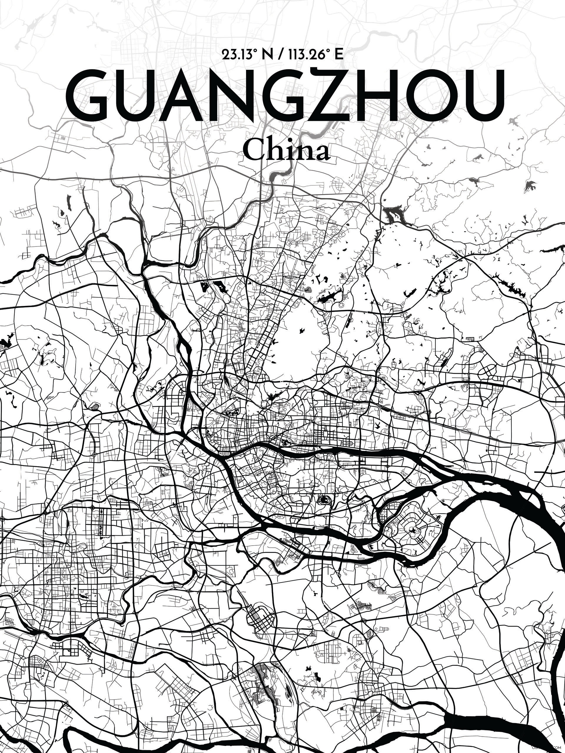 OurPoster.com 'Guangzhou City Map' Graphic Art Print Poster in Black ...