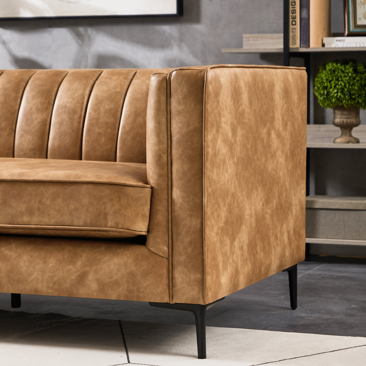 Trent Austin Design® Pecora 84.5" Faux Leather Tuxedo Arm Sofa ...