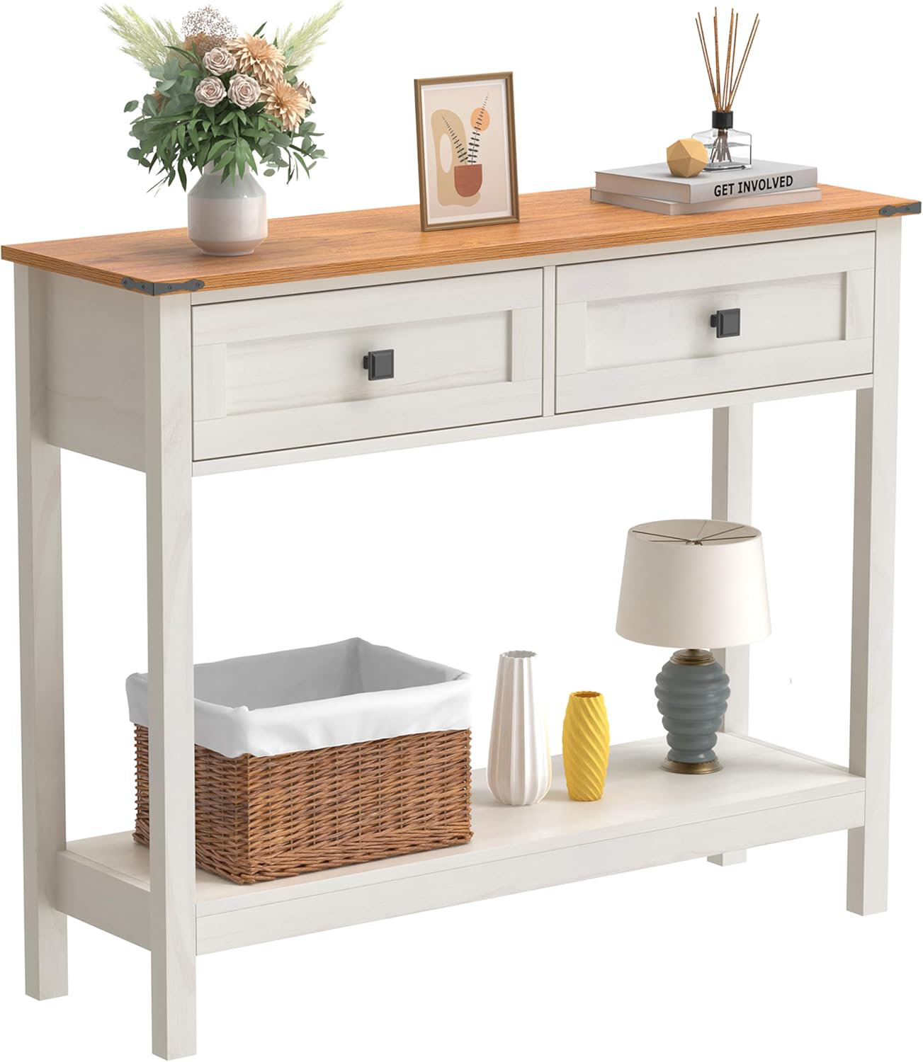Gracie Oaks Rustic Farmhouse Console Table With 2 Drawers And Open ...