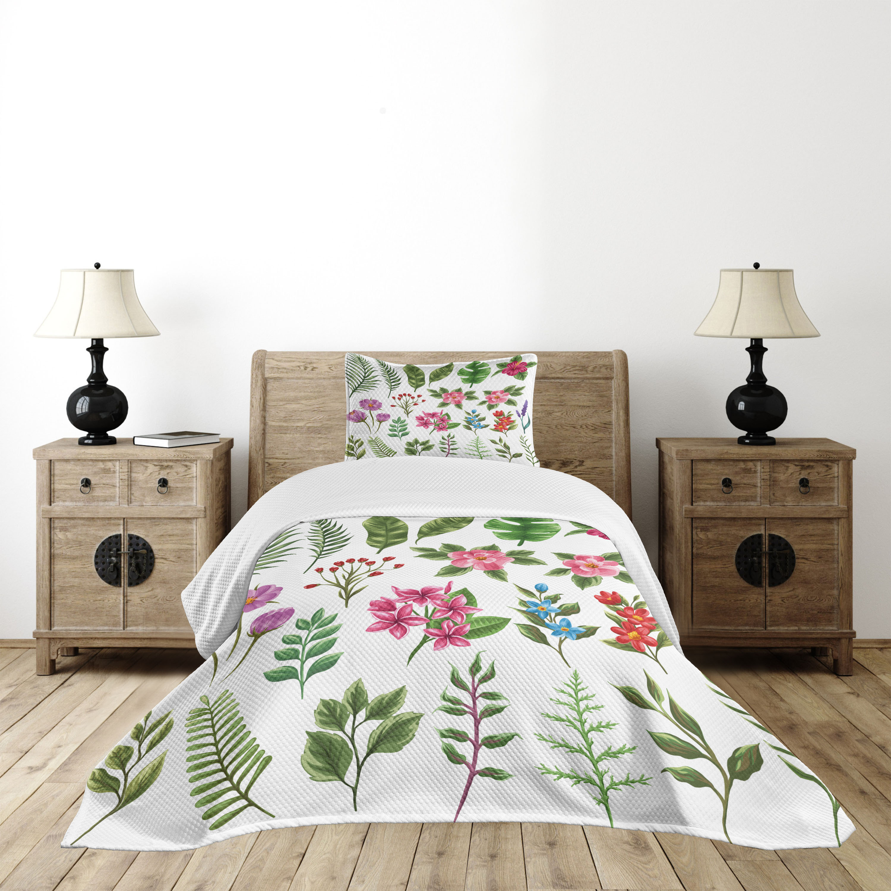 Ambesonne Plant Bedspread Set Exotic Flowers and Ferns Multicolor Fern ...