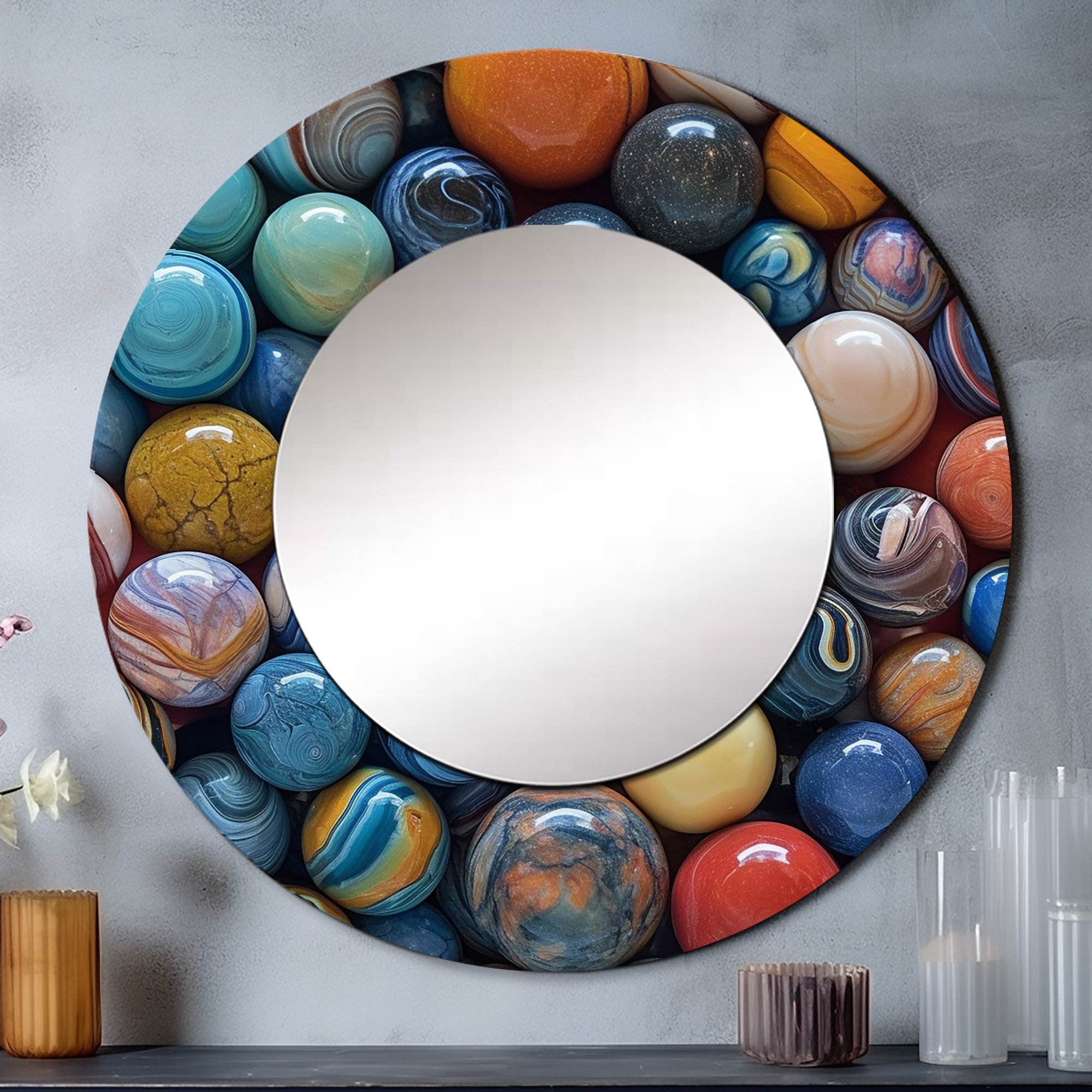 Design Art Mystical Marbles II - Abstract Shapes Blue Round Mirror - Wayfair Canada