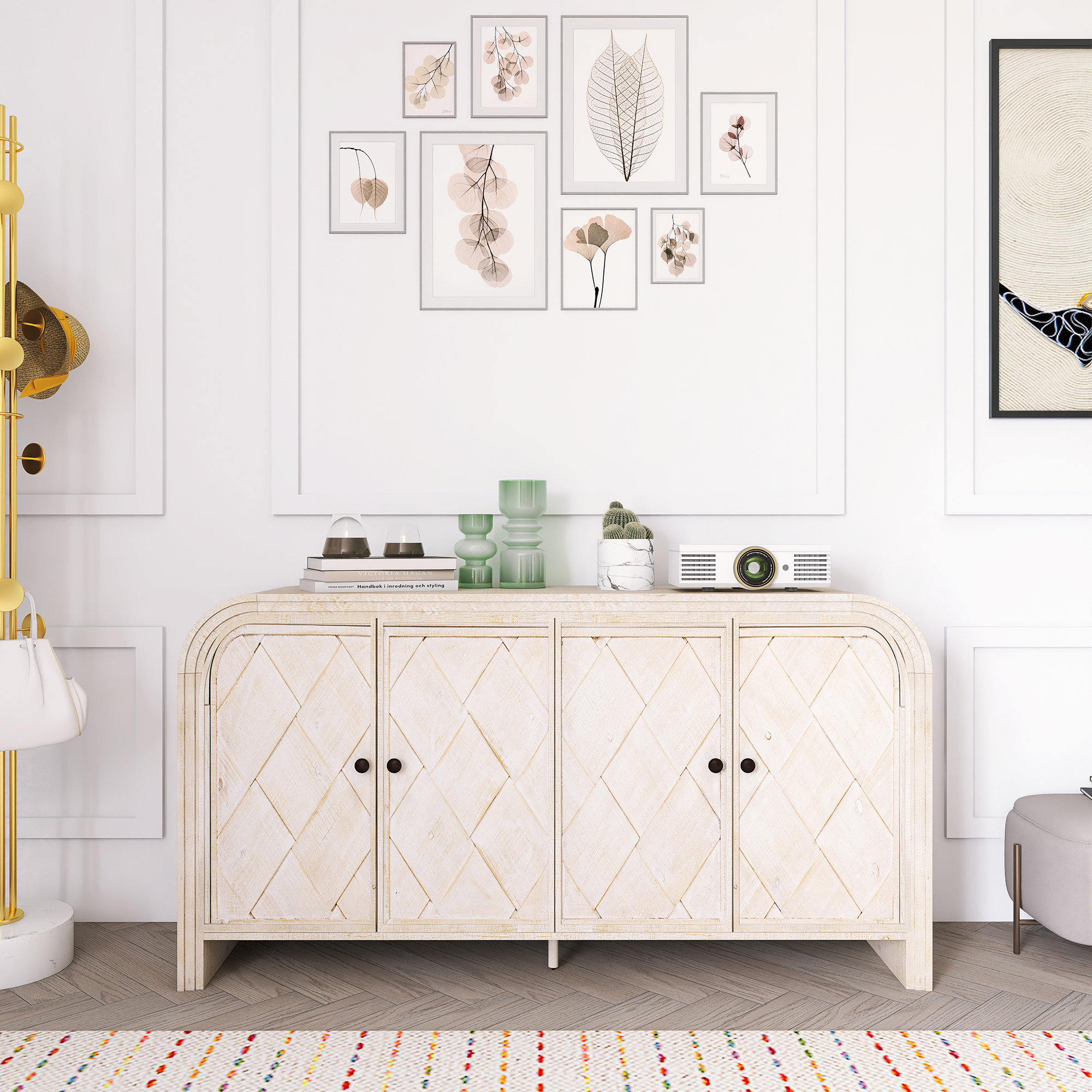 Ebern Designs Luxury Multi-Functional MDF Sideboard– Woven Wood Slat Doors, Tiered Stepped ...