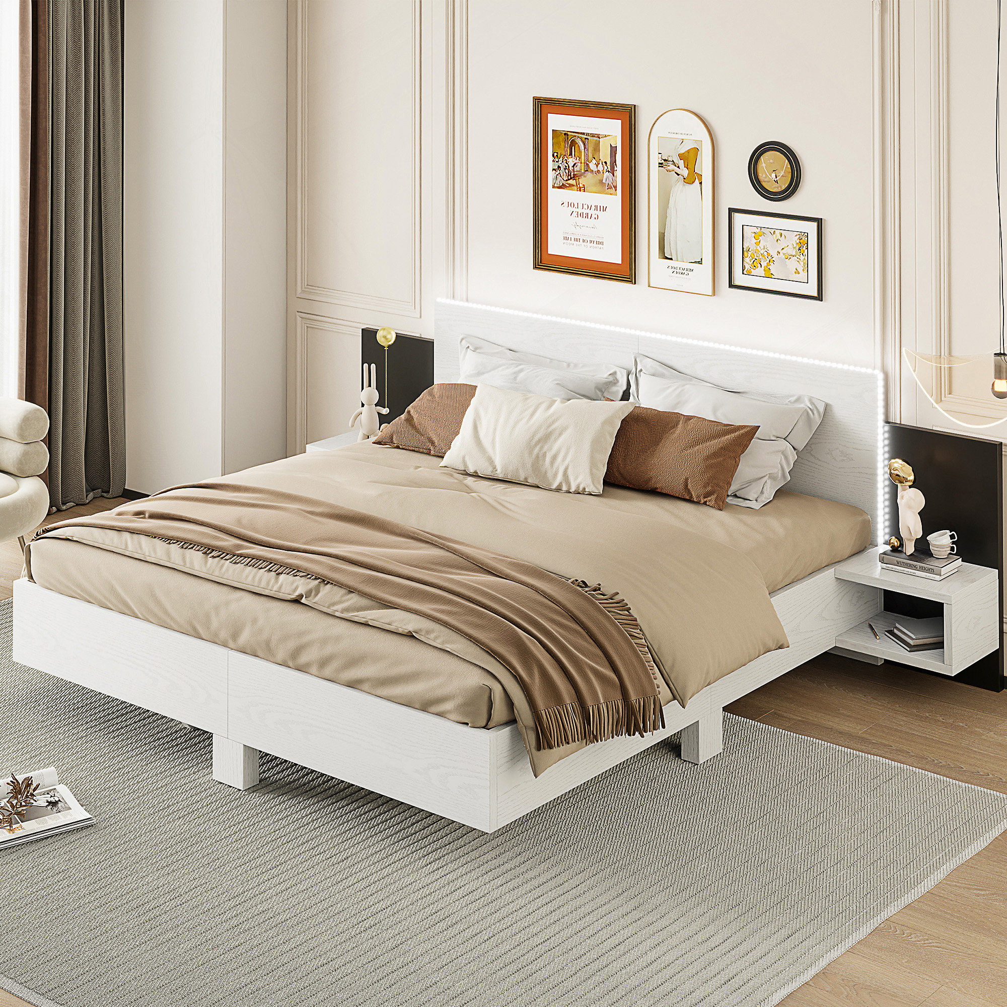 Ivy Bronx King Size Wooden Floating Platform Bed, With LED Lights ...