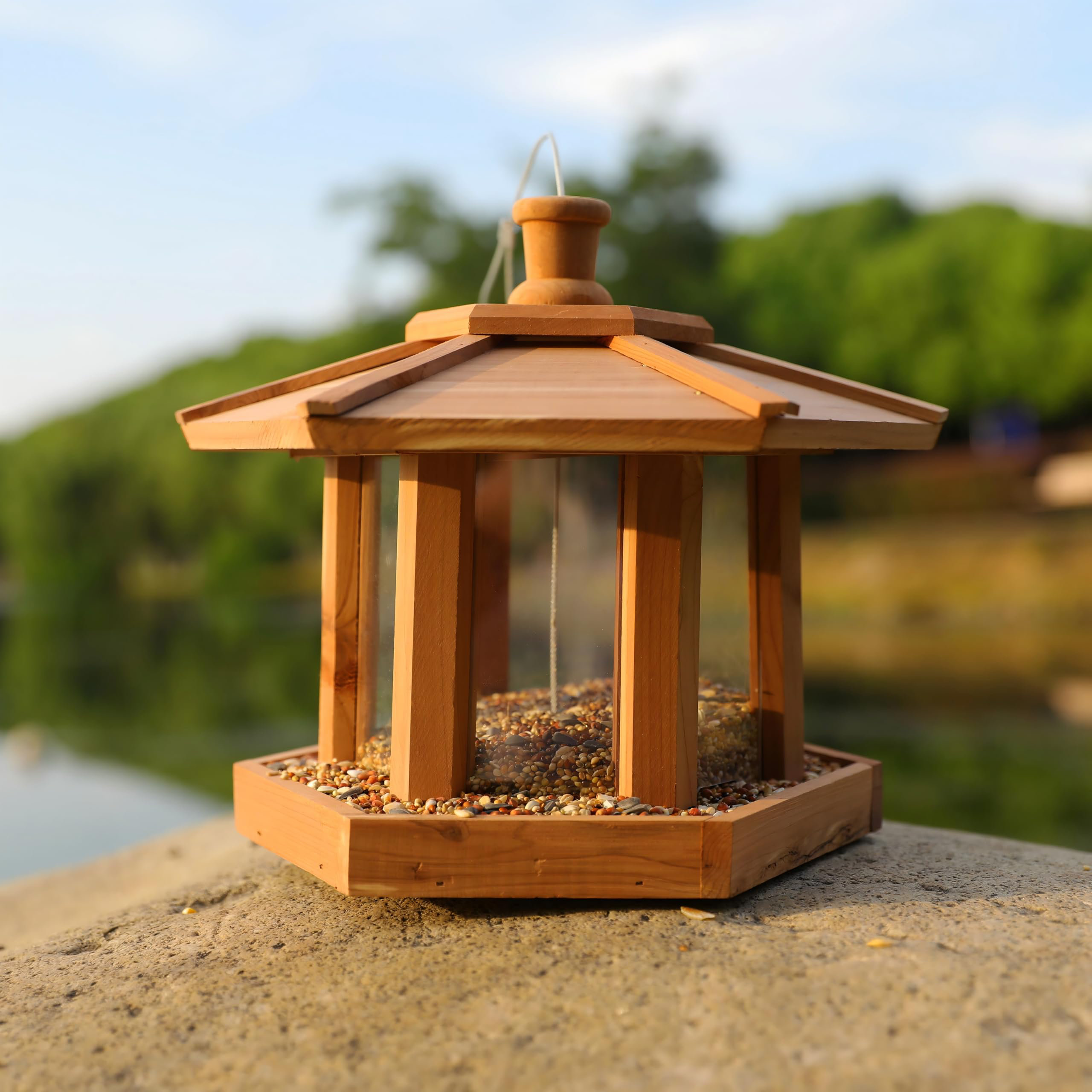 Gracie Oaks Wooden Bird Feeder For Outdoors Hanging, Red Cedar Hexagon ...
