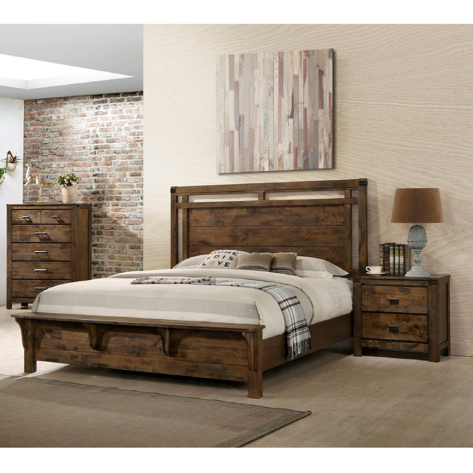 HANGZHOUSHANGYI 1Pc Rustic Industrial Style Brown Finish Panel Bed W ...