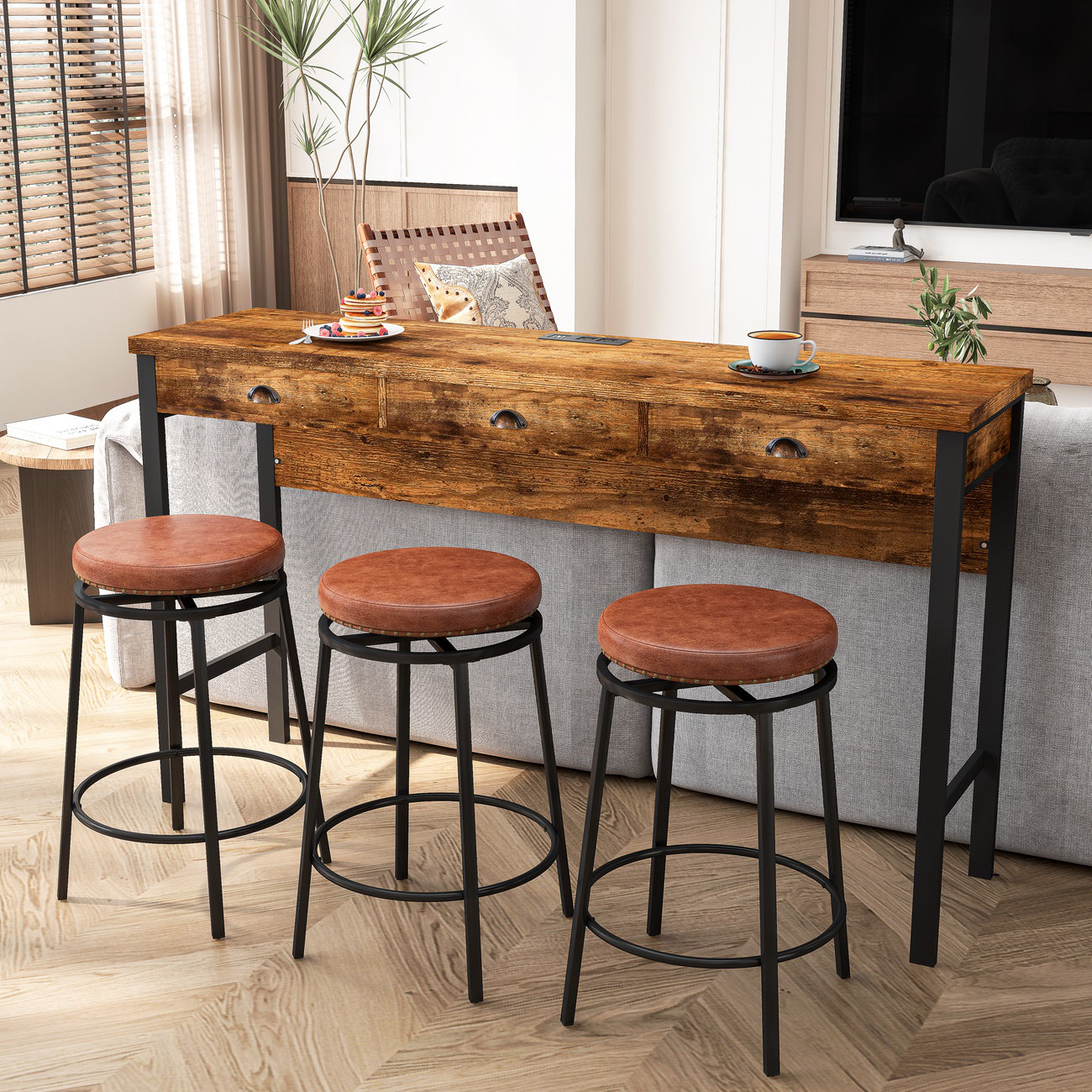 17 Stories Yaneri 60.33" Console Table and Stool Set, Bar Table With ...