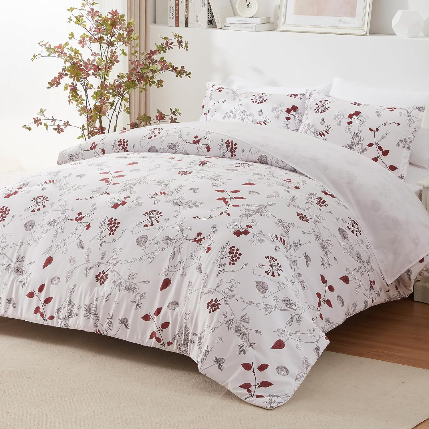 Fairub Red Floral Bedding Set 7 PCS With Flowers Leaves Pattern, Fluffy ...