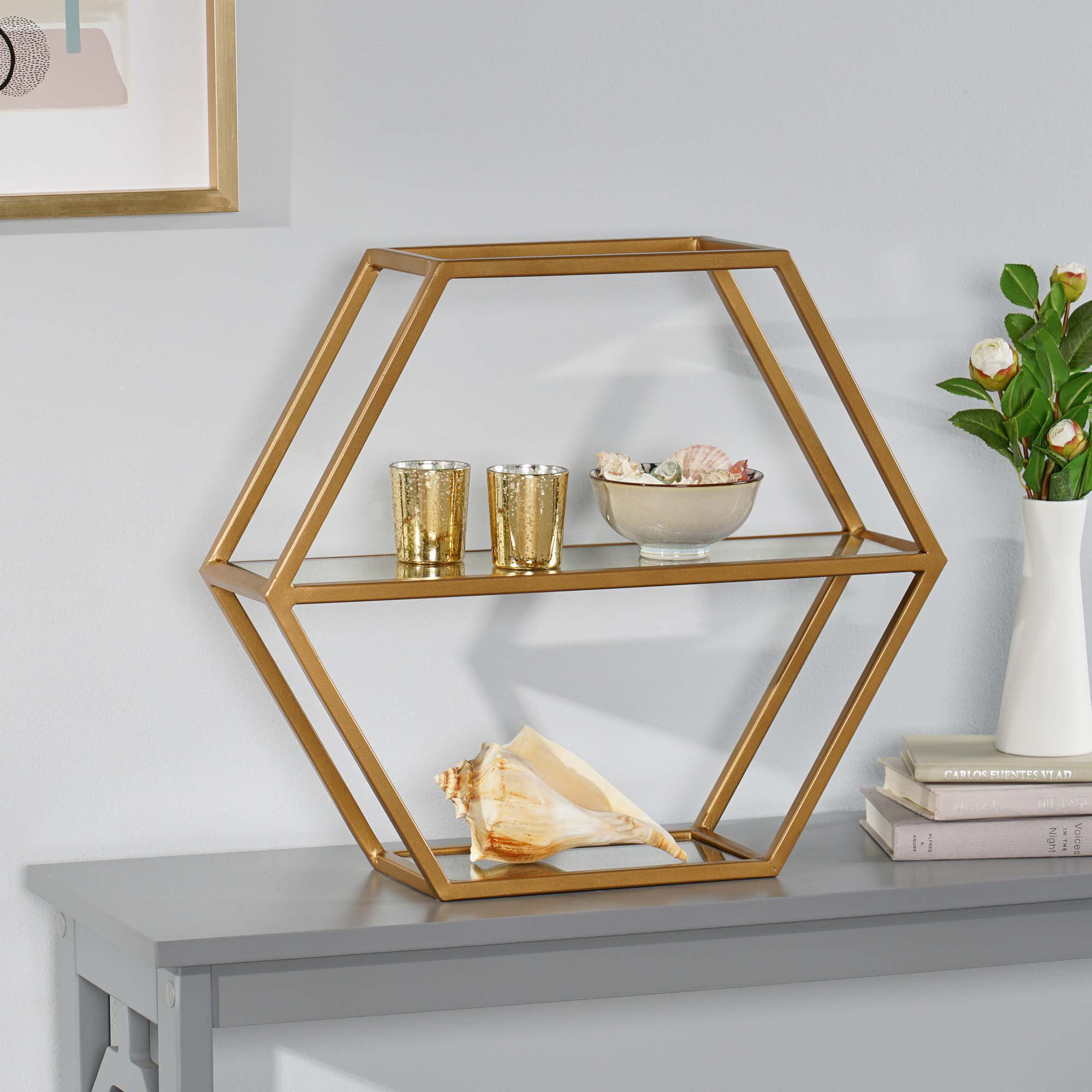Mercer41 Metal Frame Hexagonal Display Bookshelf With Glass Shelves ...