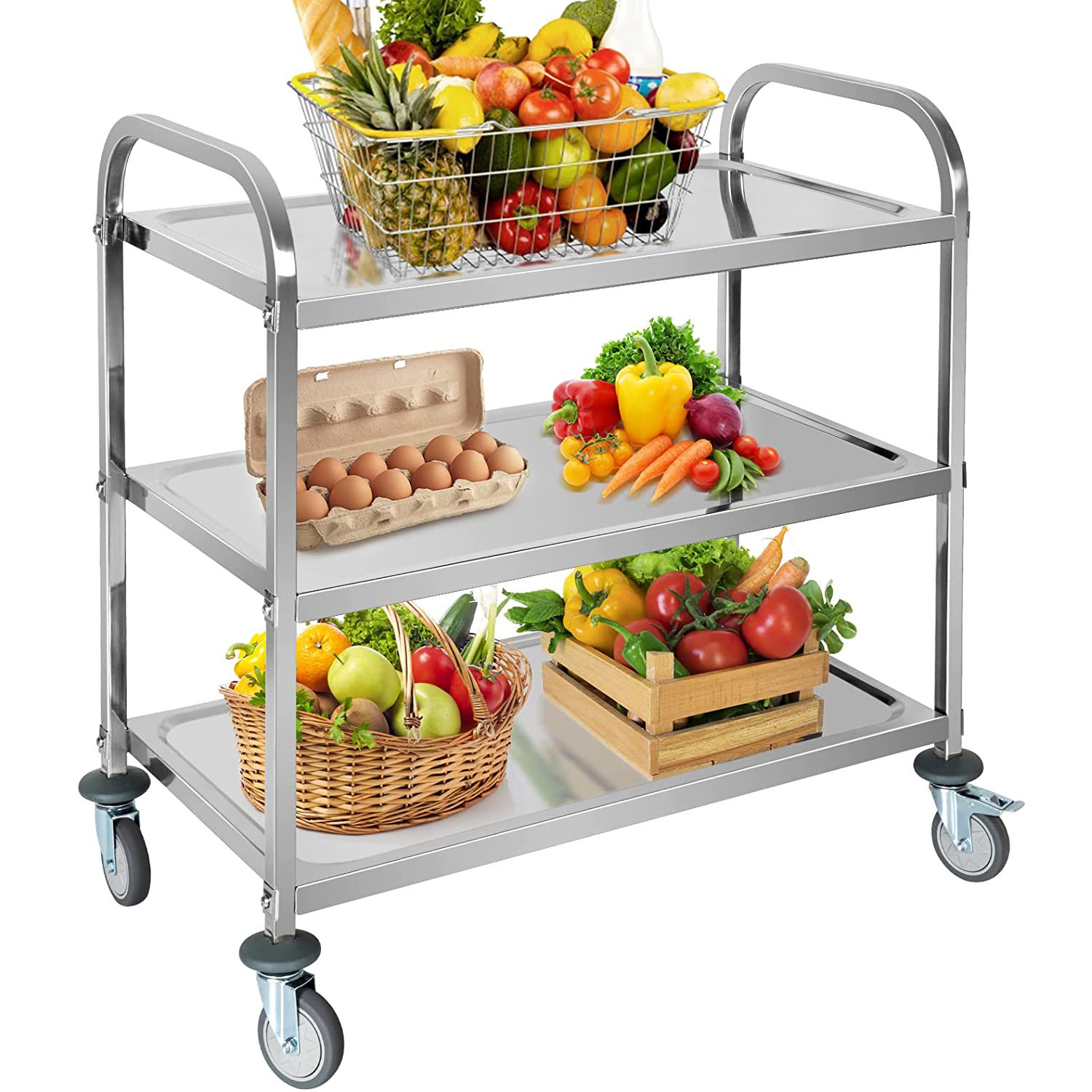Domccy® Stainless Steel 3 Tier Storage Cart Utility Rolling Cart | Wayfair