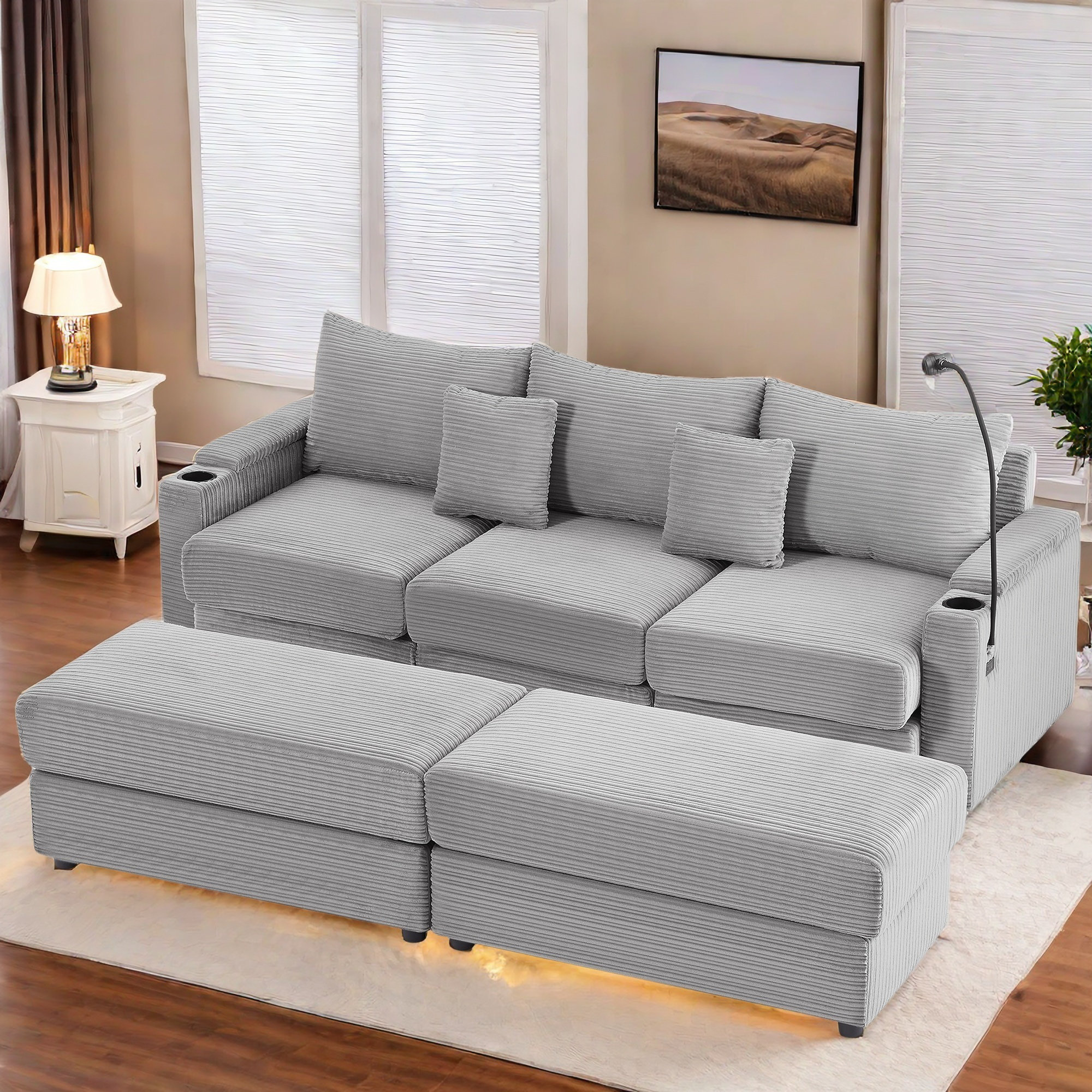Mercer41 Nakeesha Sofas With Storage Armrests, Two Movable Ottomans ...