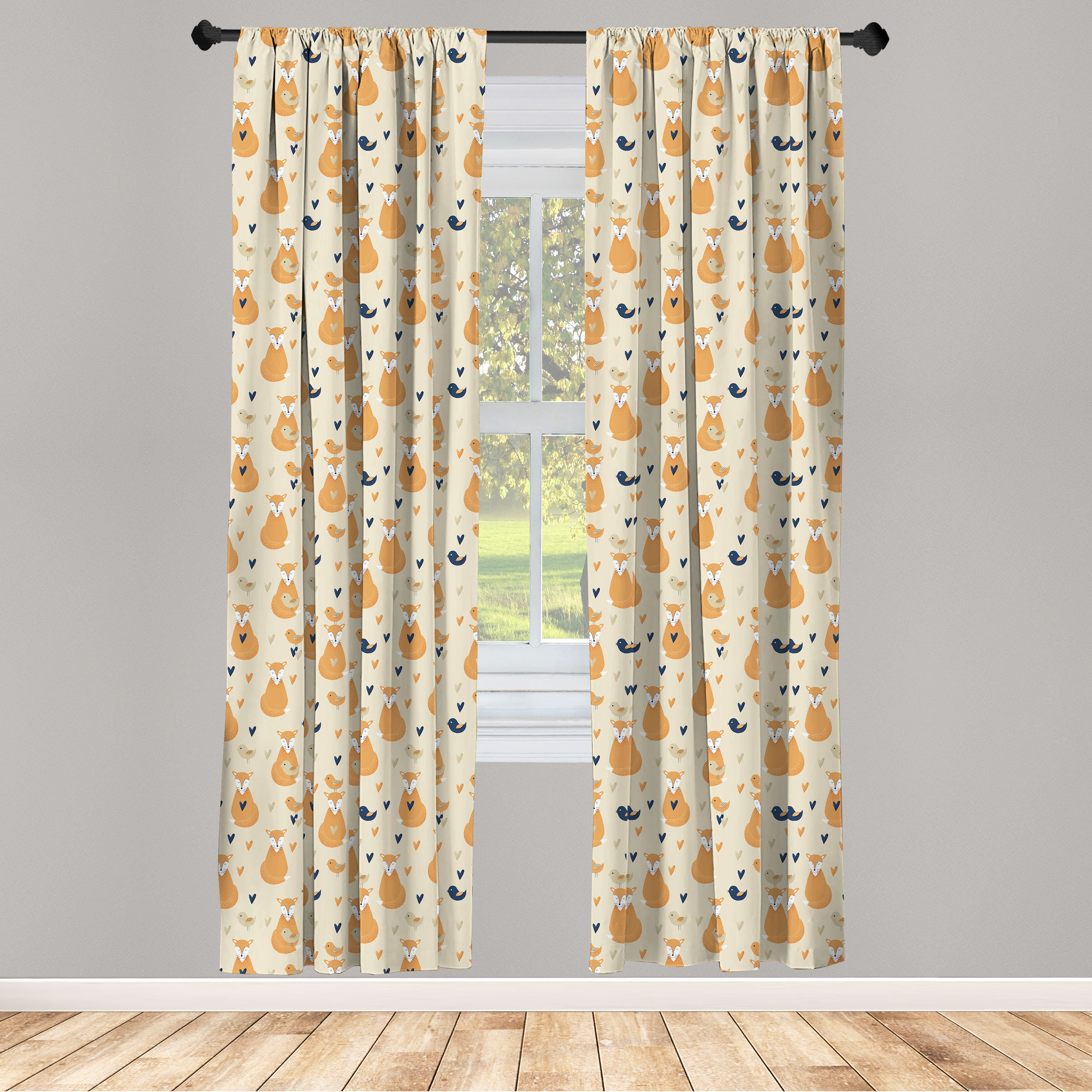 East Urban Home Forest Friends 4-Panel Curtains, Foxes Birds Hearts, x ...