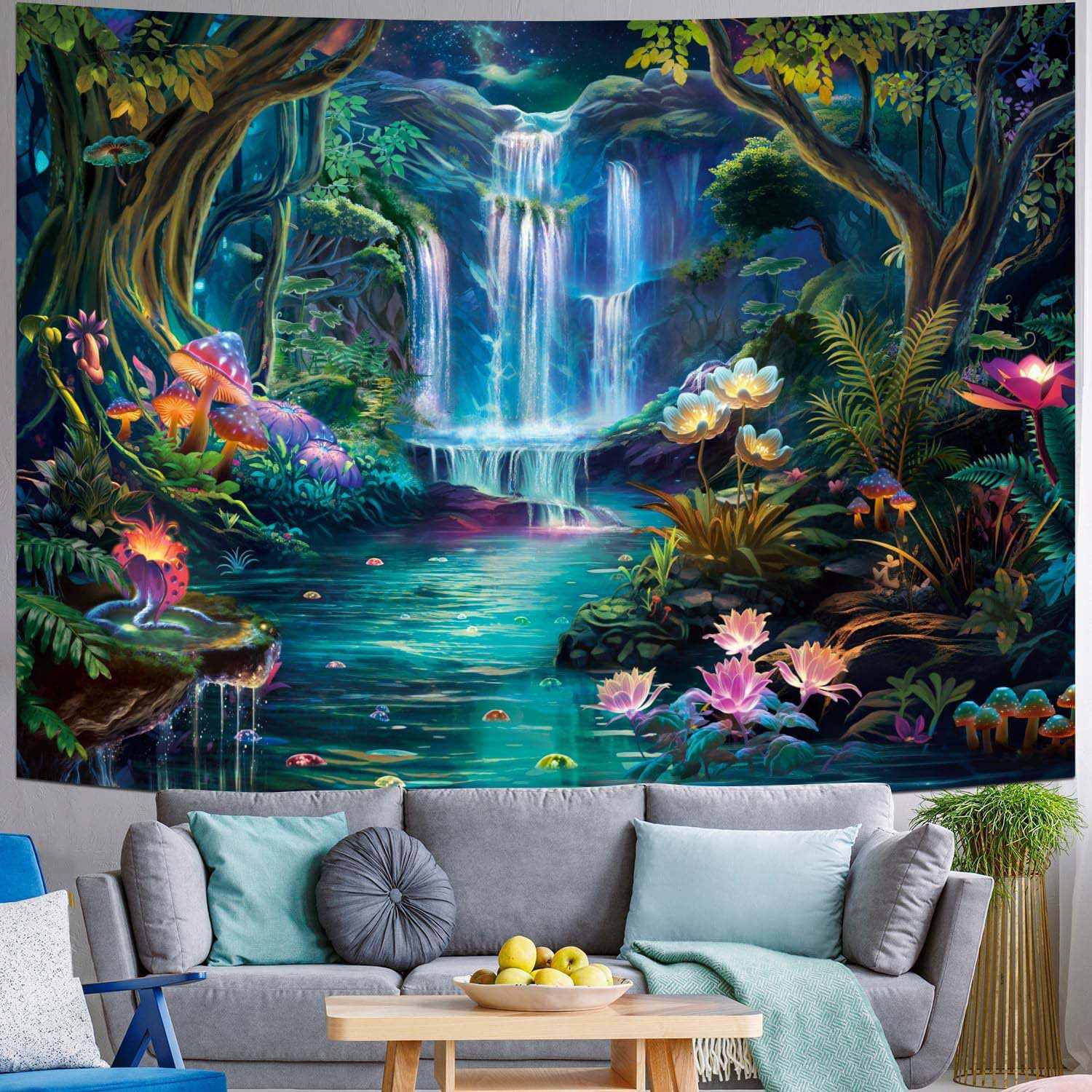 East Urban Home Forest Waterfall Tapestry Mushroom Flower Tapestries ...