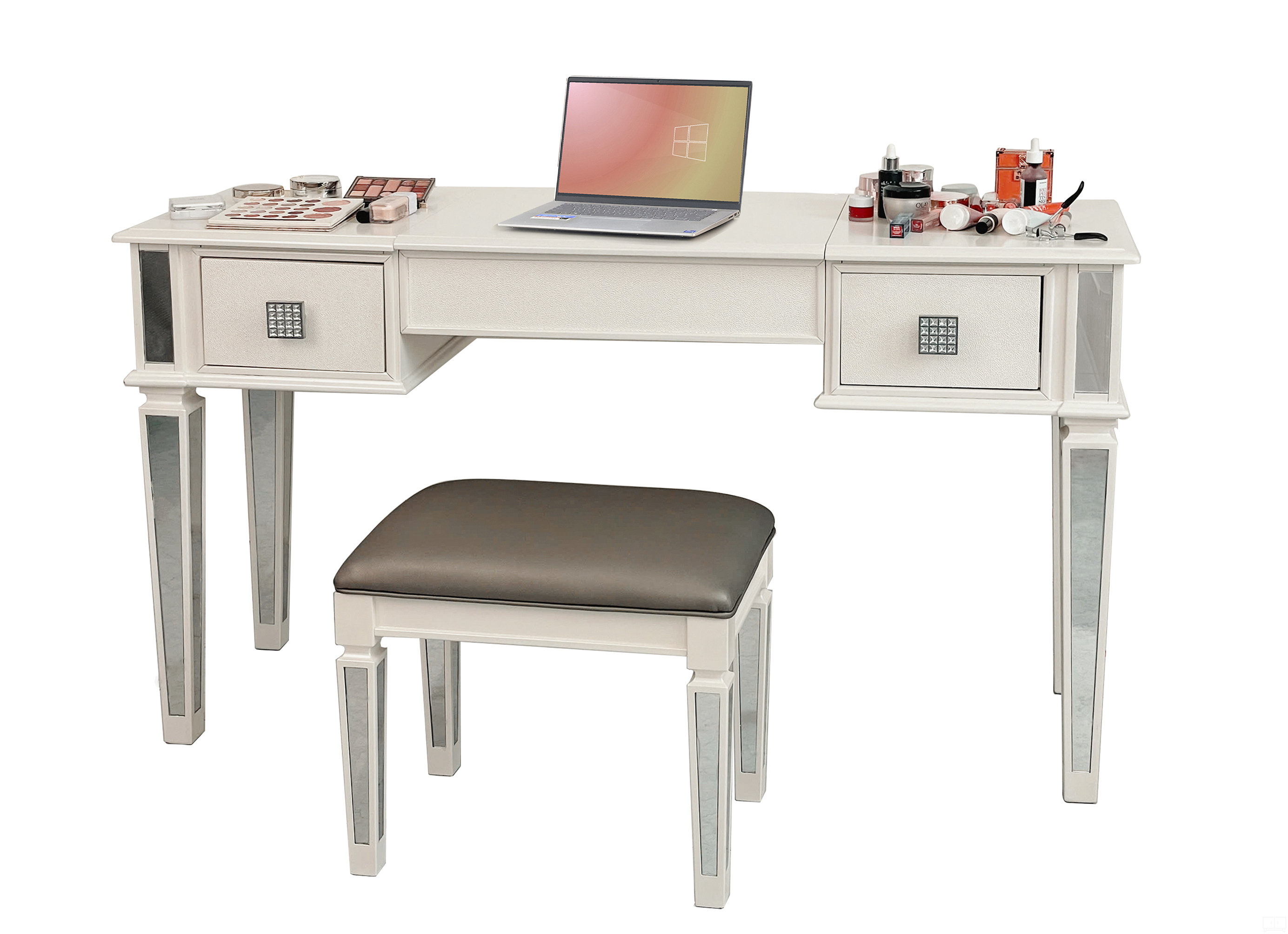 House of Hampton® Mirrored Vanities Desk With Drawers, Bedroom Makeup ...