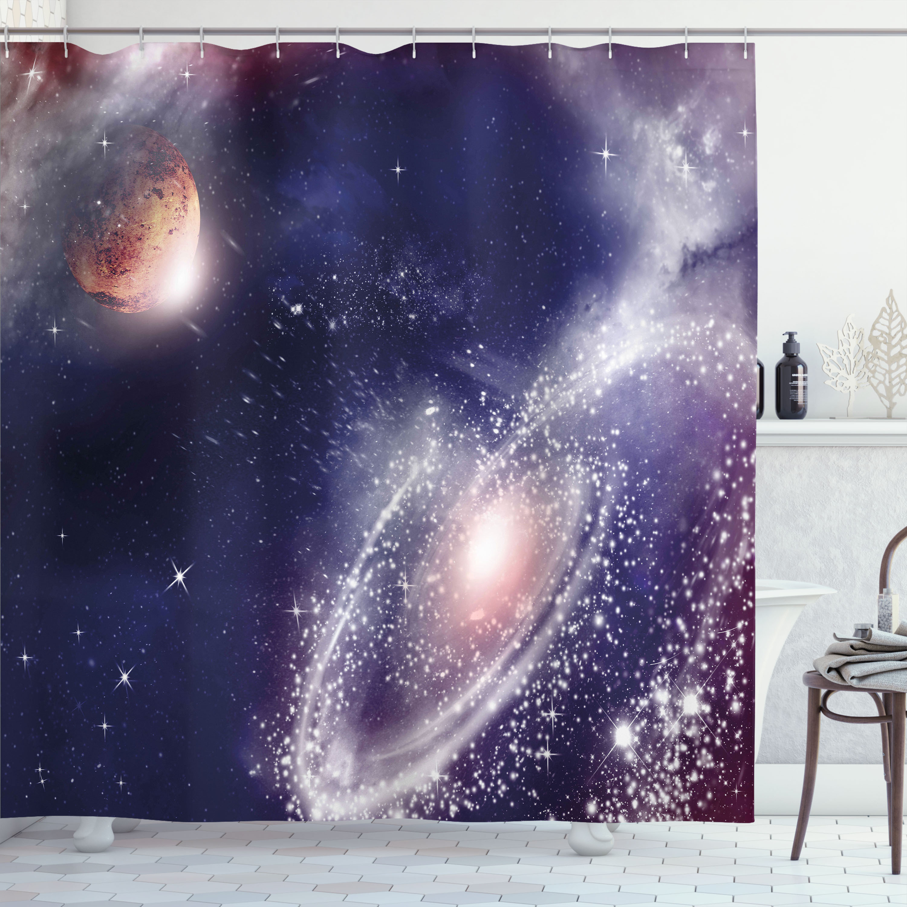 Ambesonne Universe Shower Curtain Nebula Planet Cosmic Navy Blue White ...