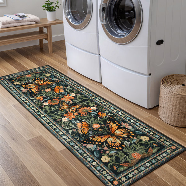 Rosalind Wheeler Washable Maximalist Floral Butterfly Rug – Non-Slip ...