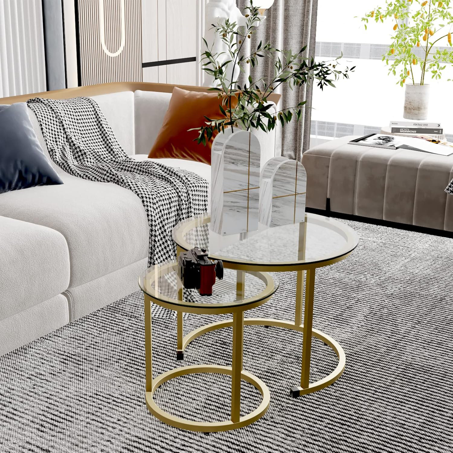 Mercer41 Gold Nesting Coffee Table Set of 2, Small Glass Round Nesting ...