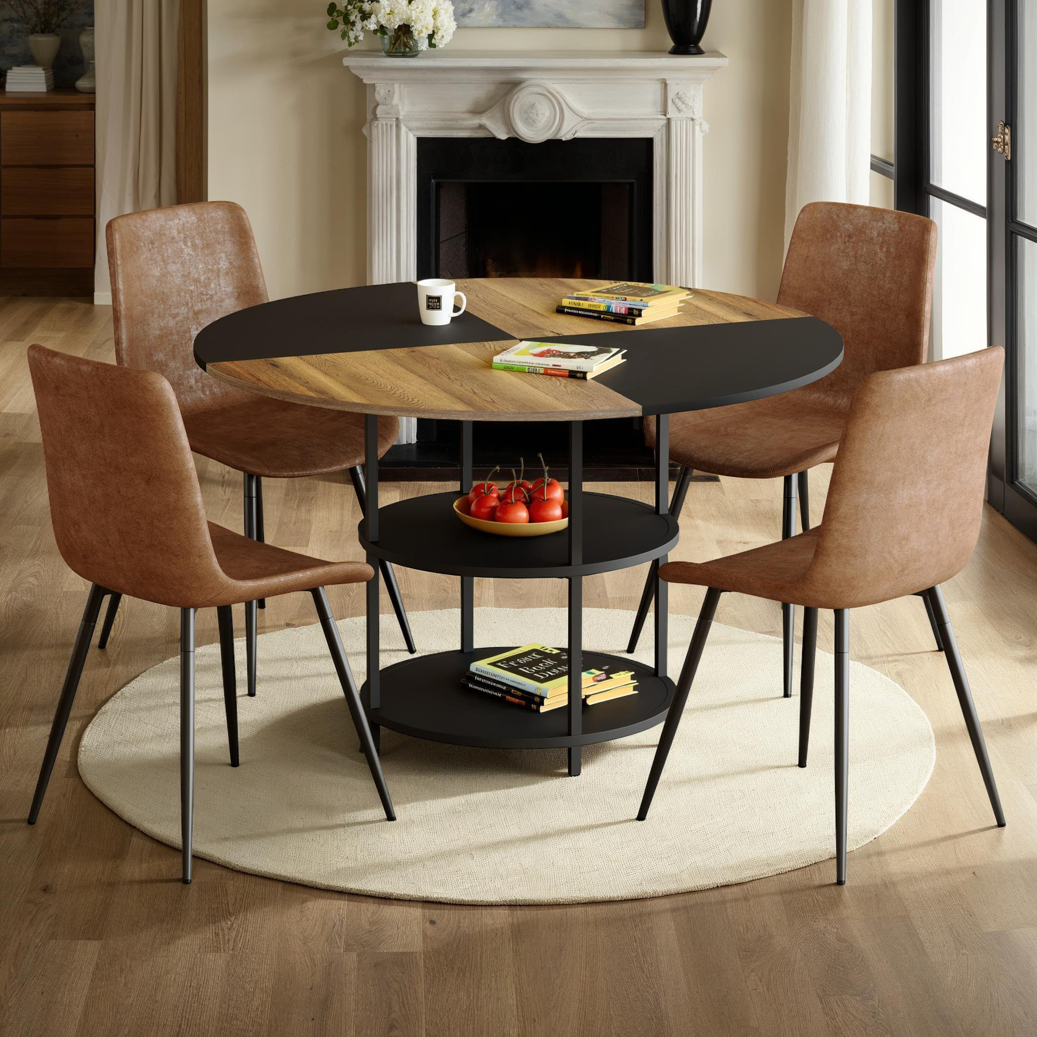 17 Stories Spliced Color Round Dining Table Sets with Double-Layer ...