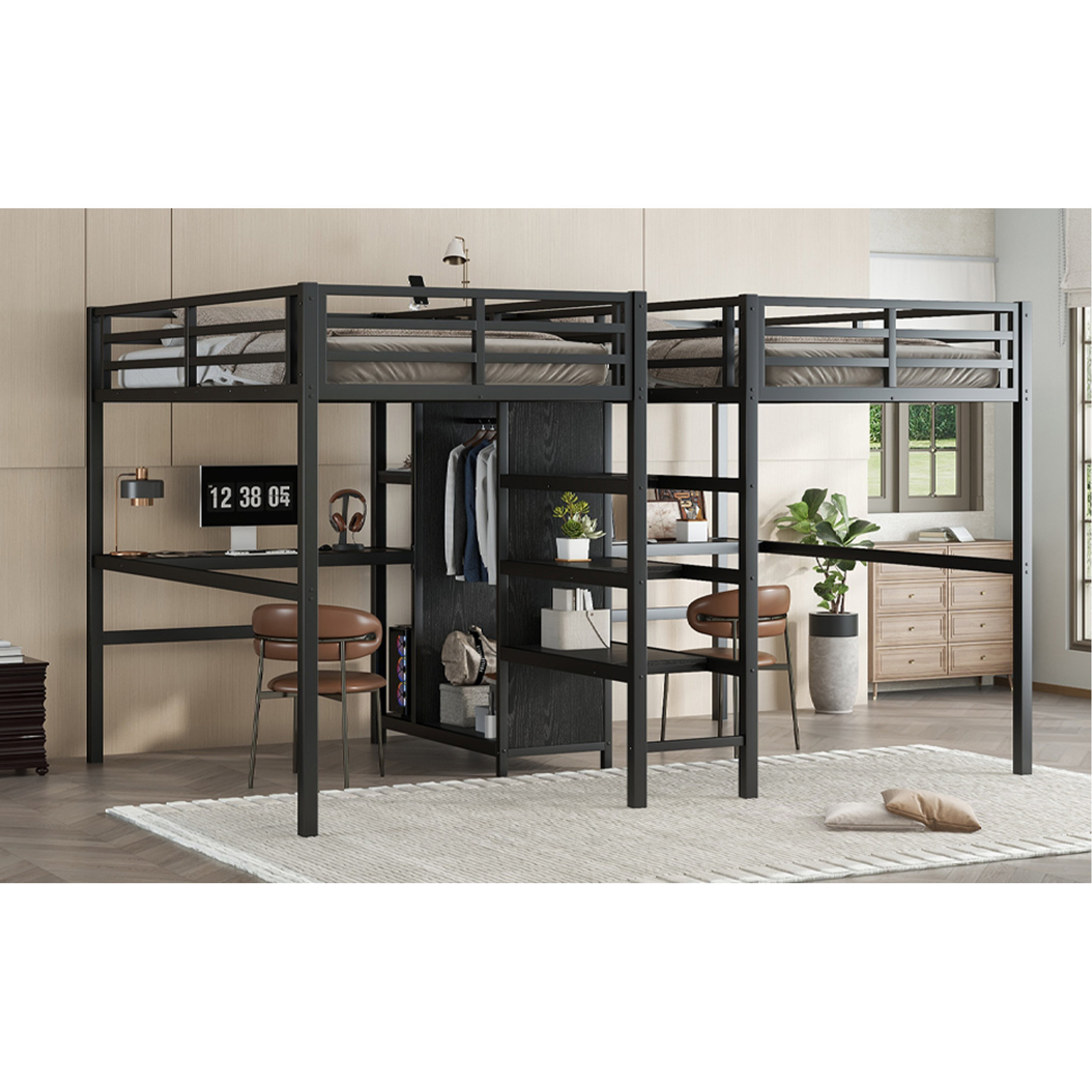 Mercer41 Metal Loft Bed With Double Desk And Wardrobe And Shelves With ...