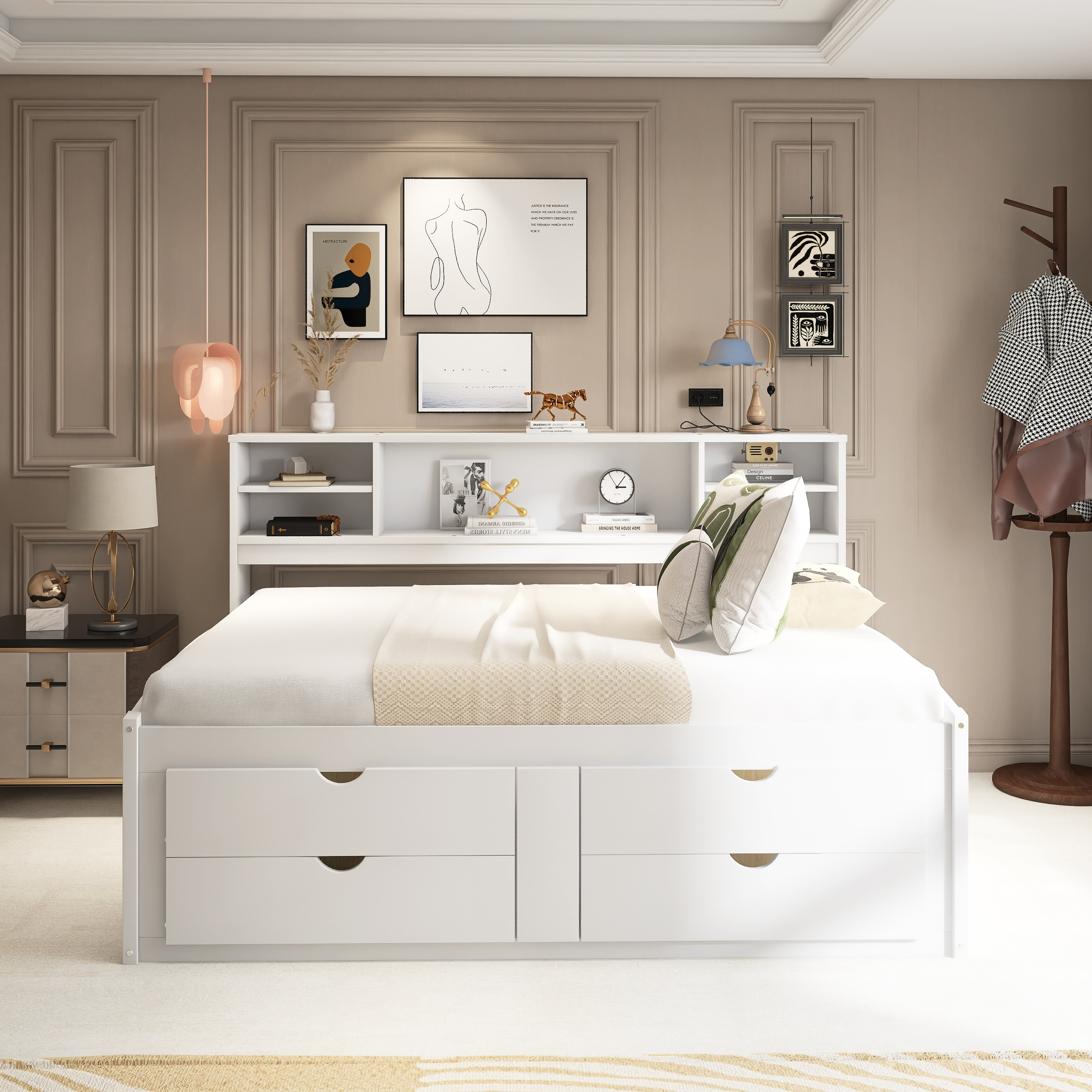 Latitude Run® 78'' Full Size Wood Daybed With 2 Bedside Cabinets, Upper Shelves And 4 Drawers ...