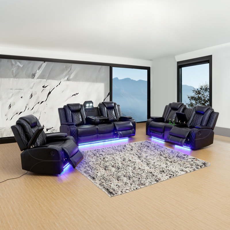 Ebern Designs Ajaipal 3 Piece Power Reclining Faux Leather with LED ...