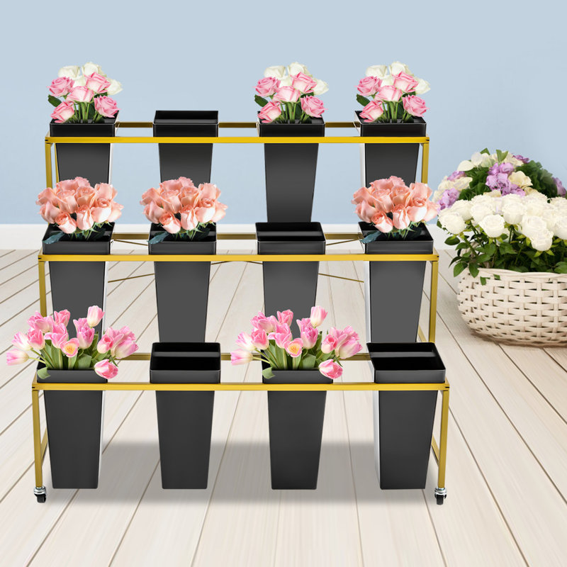 Everly Quinn 3-tier Metal Plant Stand with 12 Flower Buckets and Wheels ...