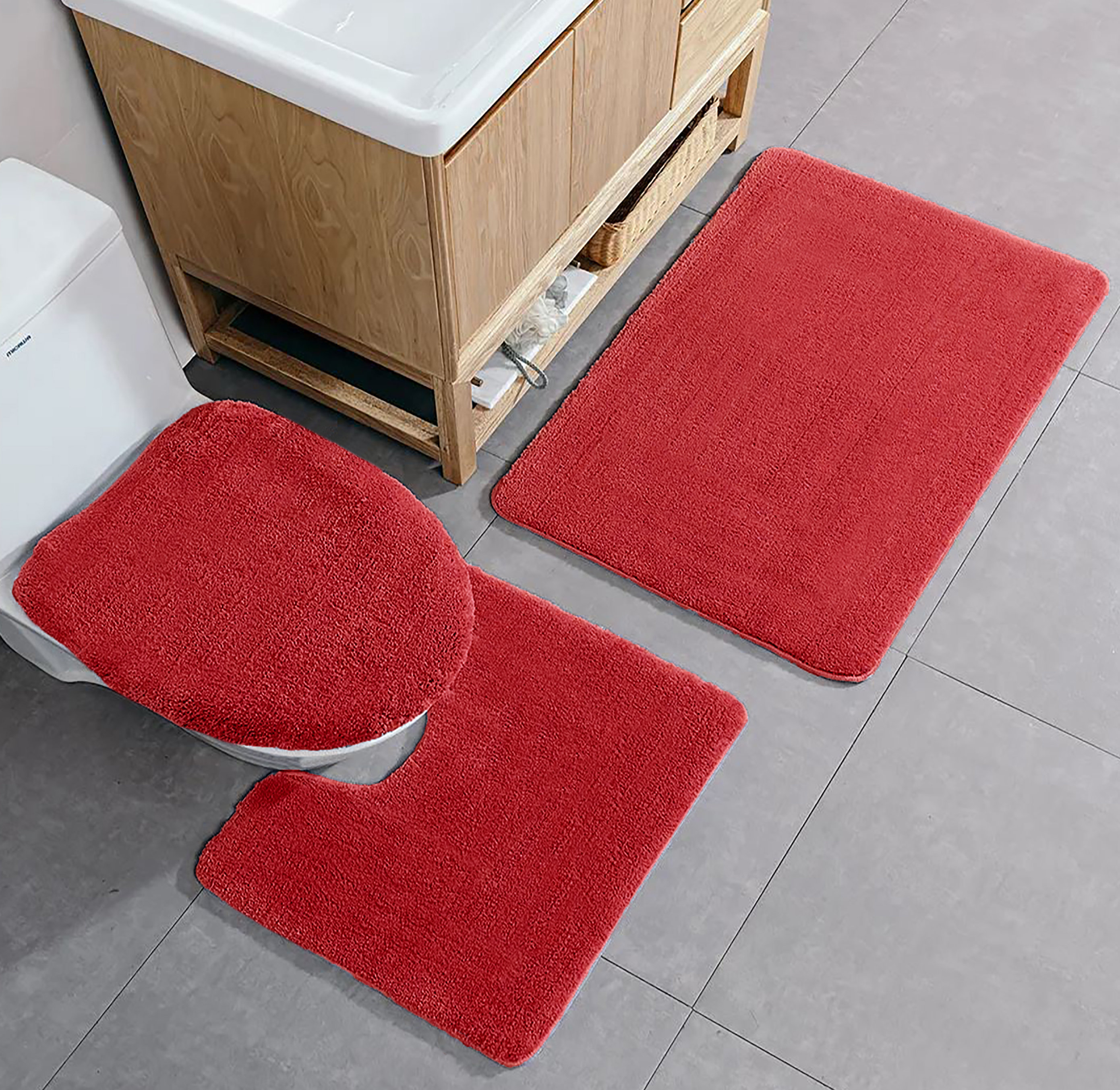 Ebern Designs Red Bath Set 3 Piece Anti-Slip Solid Bathroom Mat, Large ...