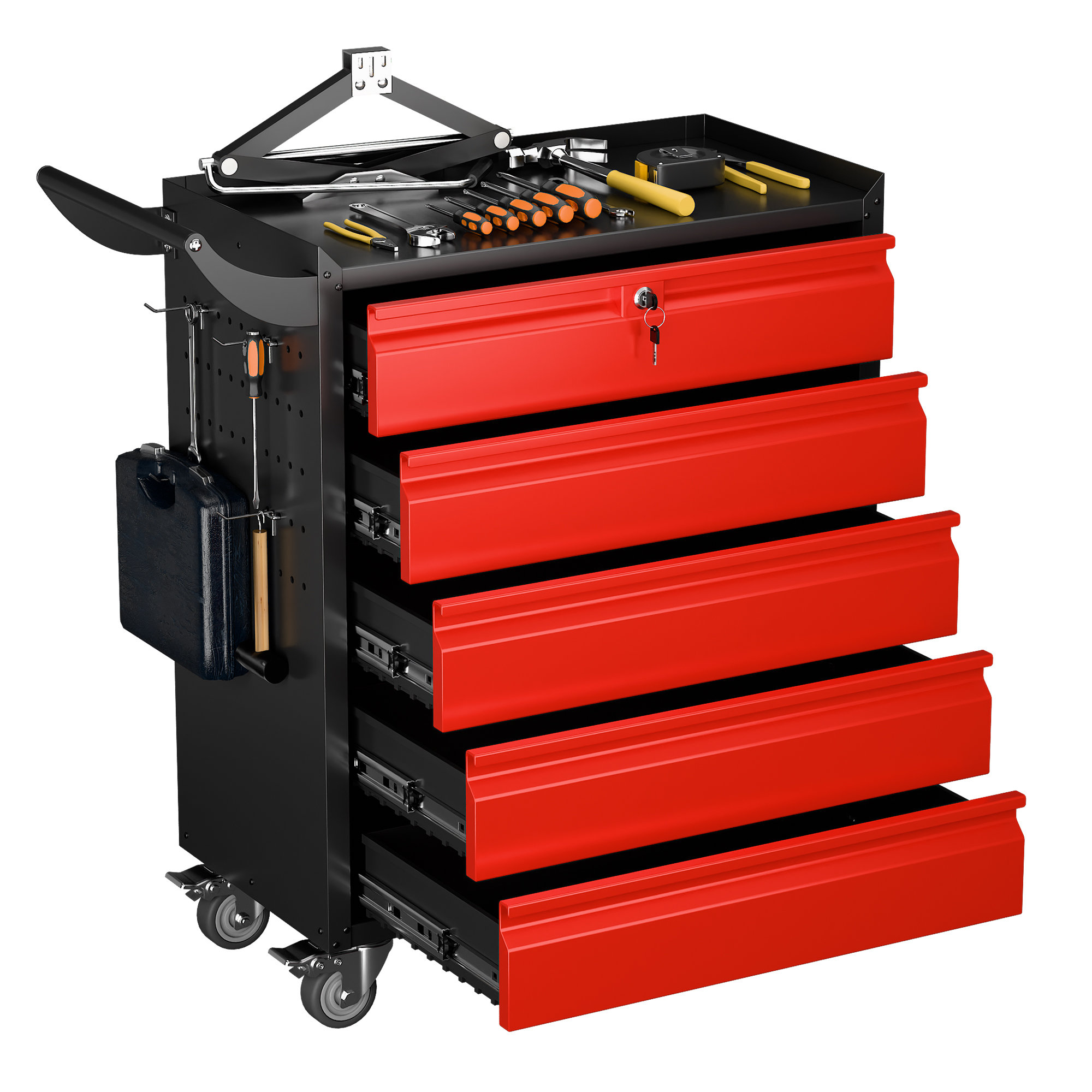 WFX Utility™ Metal Rolling Tool Storage Cabinet With 5 Drawers, 4 Hooks, Lockable Wheels & Push ...