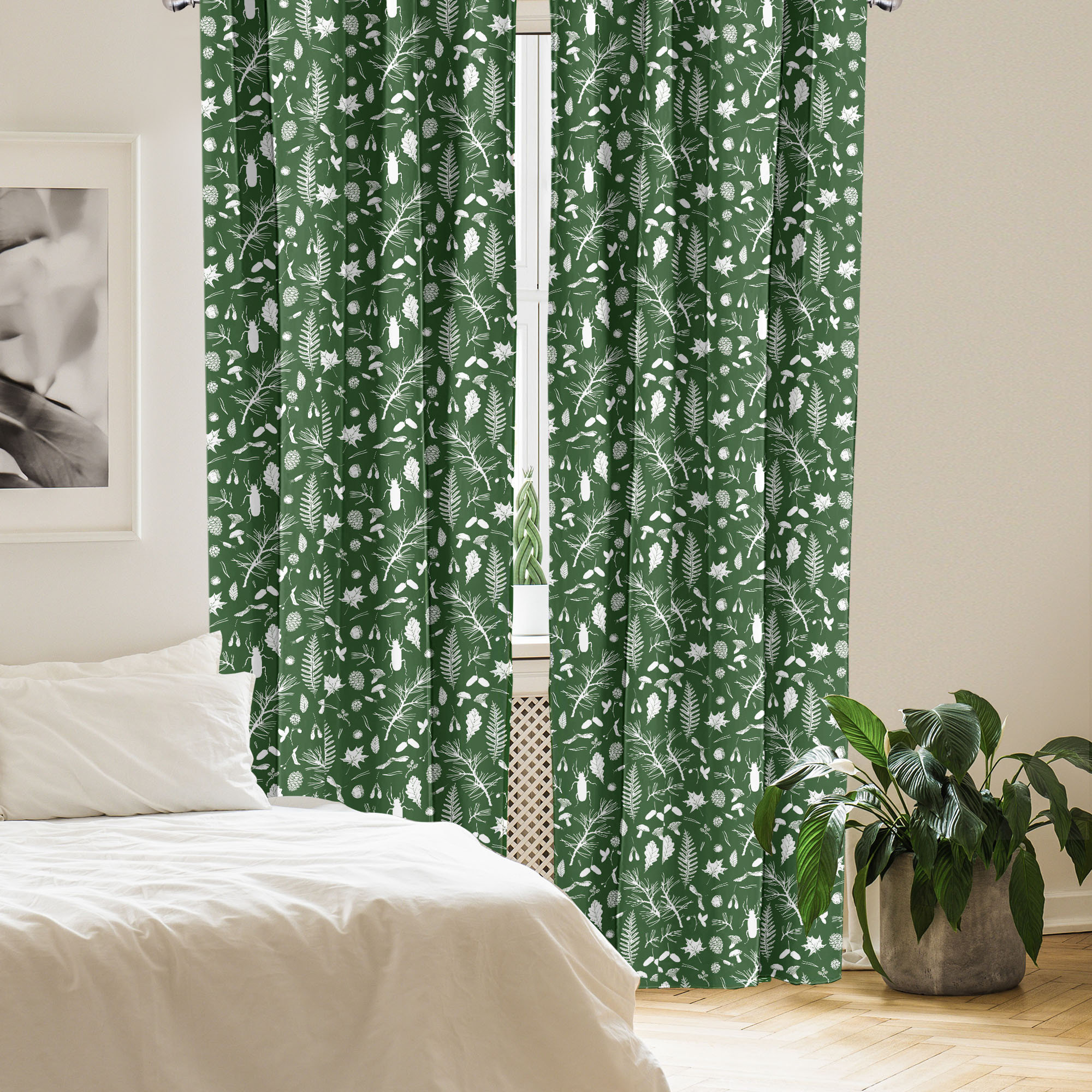 East Urban Home Woodsy 4-Panel Curtains, Leaves Twigs Beatles, Dark ...