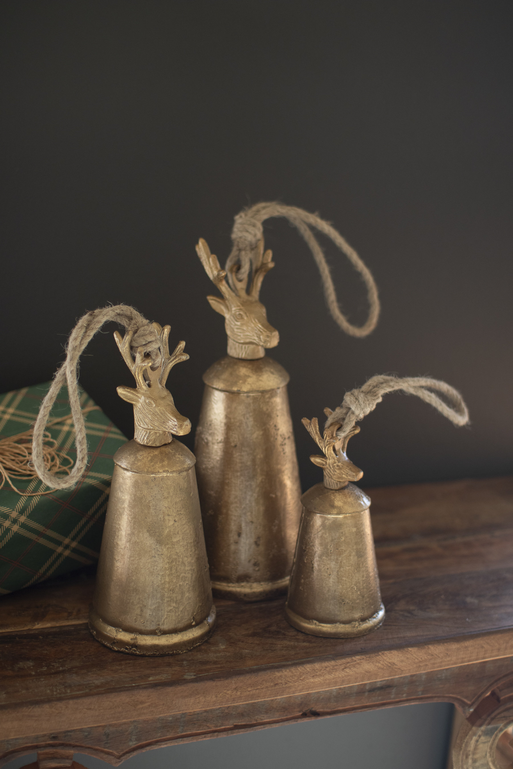 The Holiday Aisle® SET OF 3 ANTIQUE GOLD METAL CHRISTMAS BELLS W DEER ...