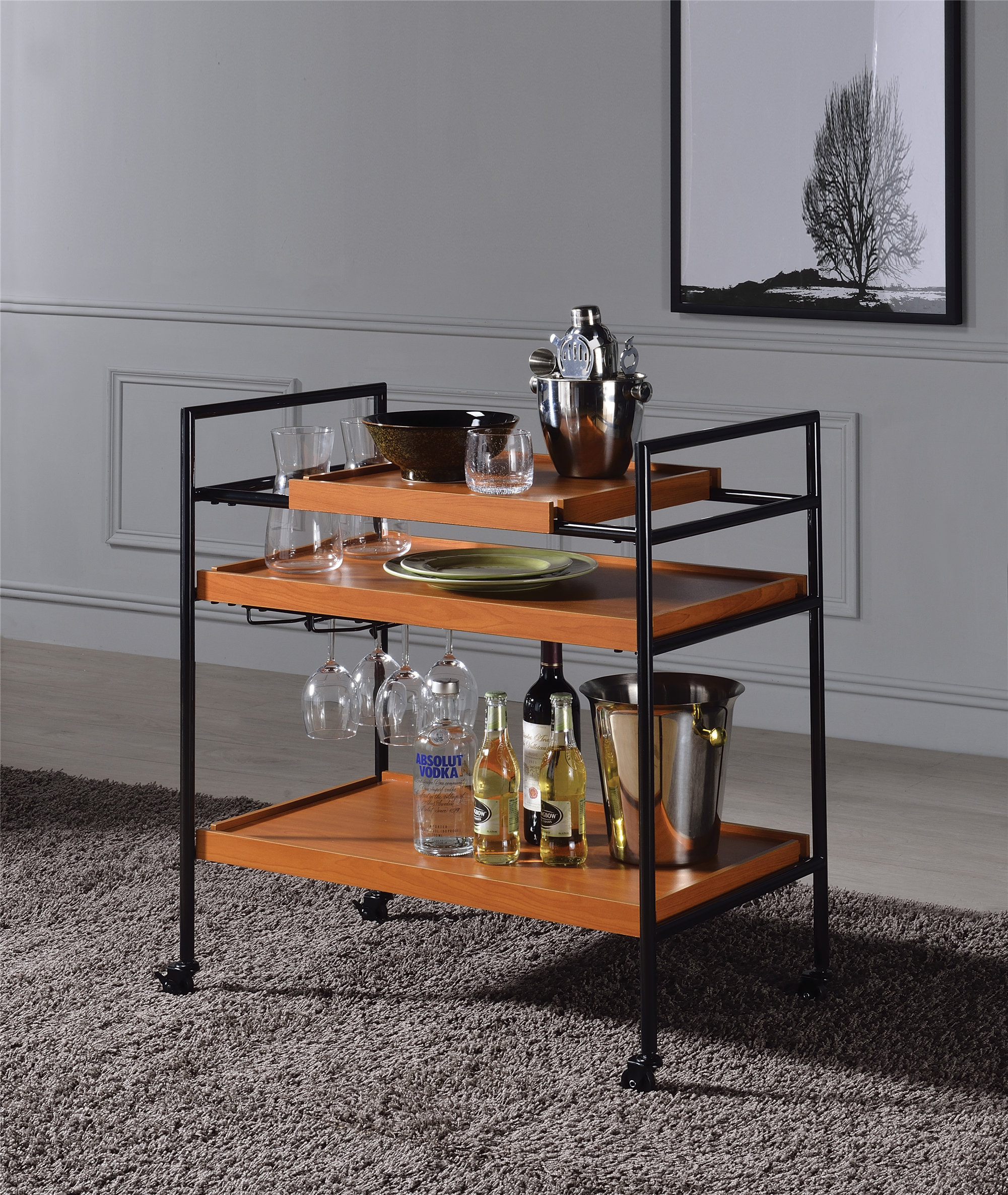 17 Stories Metal Farme Kitchen Cart, Serving Cart With Stemware Rack ...