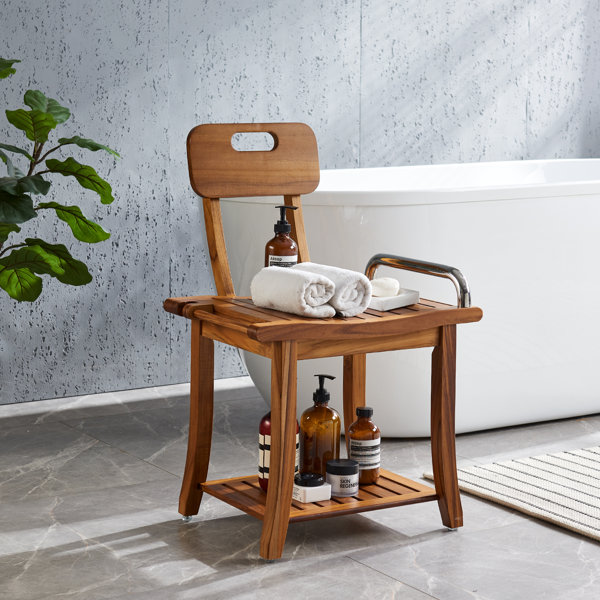 Winston Porter 19'' Teak Shower Bench With Handle & Backrest, 2-Tier ...