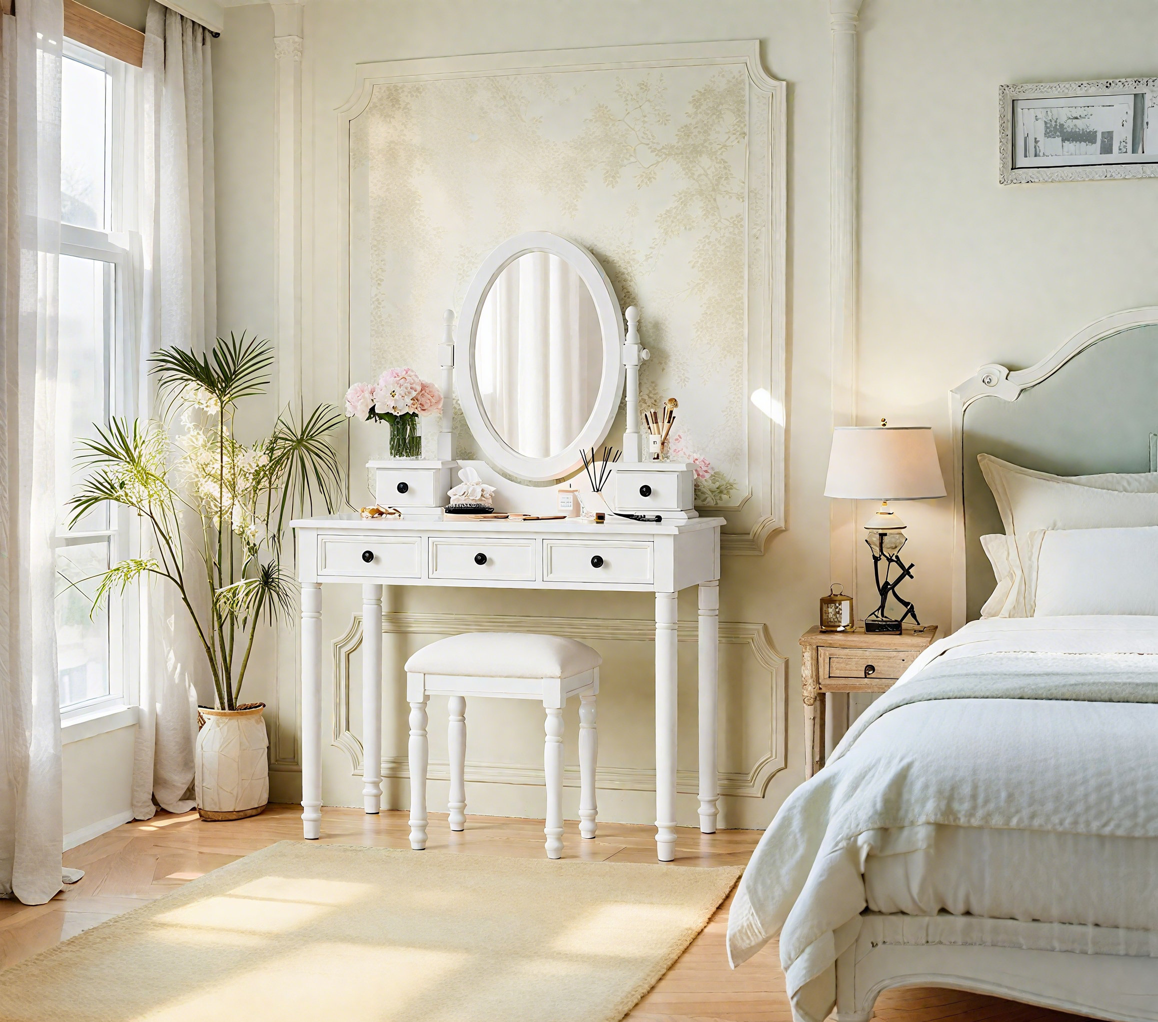 Alcott Hill® Vintage Vanity Makeup Table with Cushioned Stool Set and ...