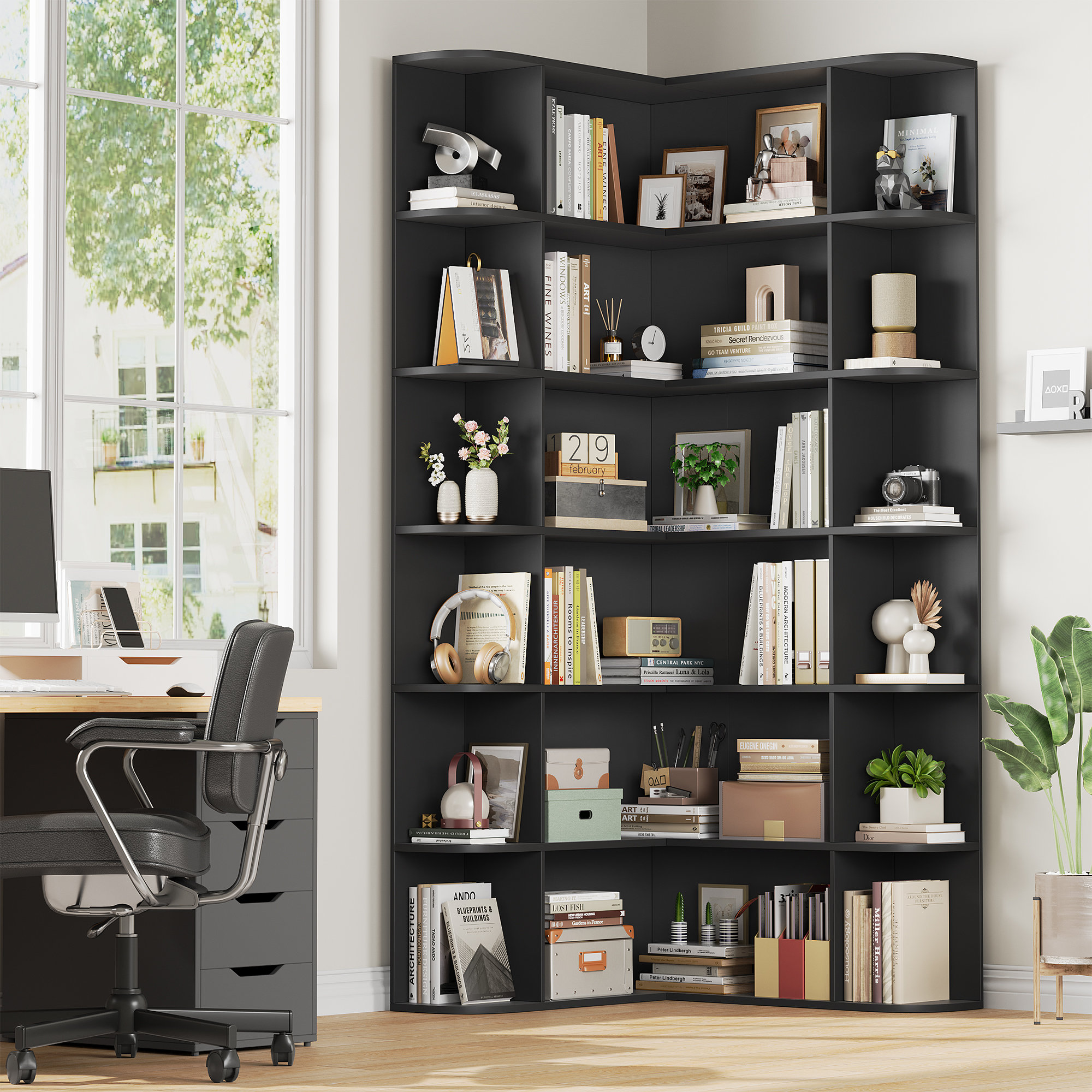 Ebern Designs 73.9" H Corner Bookcase 6 Tier L-Shaped Bookshelf ...
