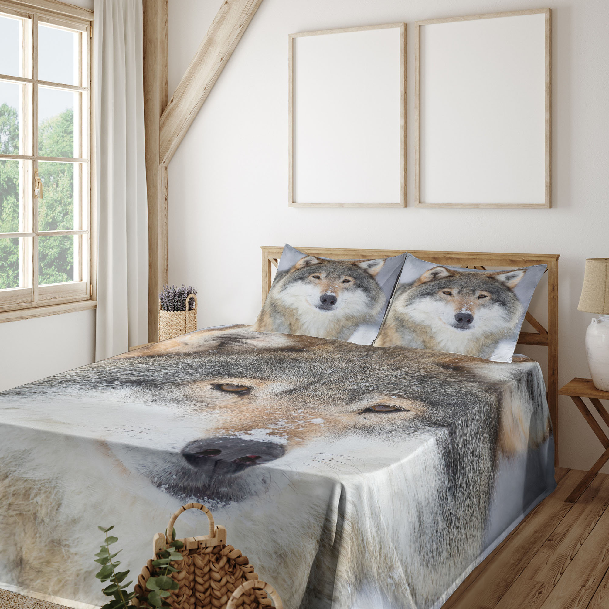 Ambesonne Wolf Sheet Set Closeup of a Wild Animal Print Dark Brown Ecru ...