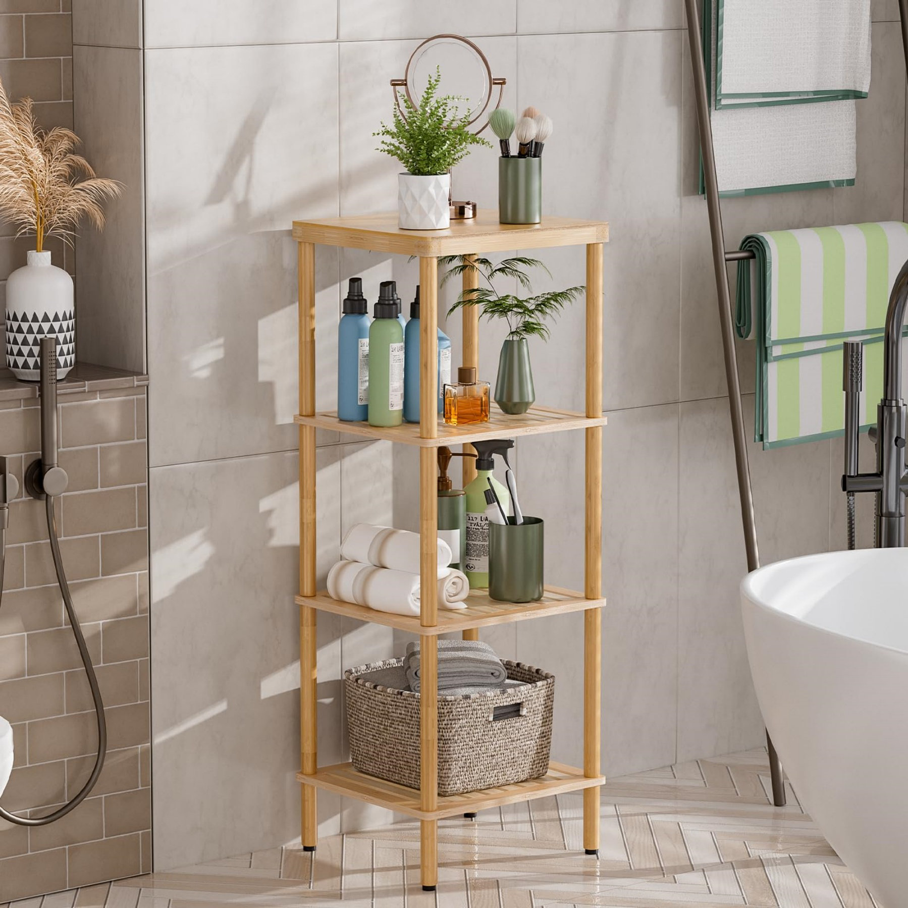 Rebrilliant 4-Tier Bamboo Bathroom Shelf - Multi-Functional Storage ...