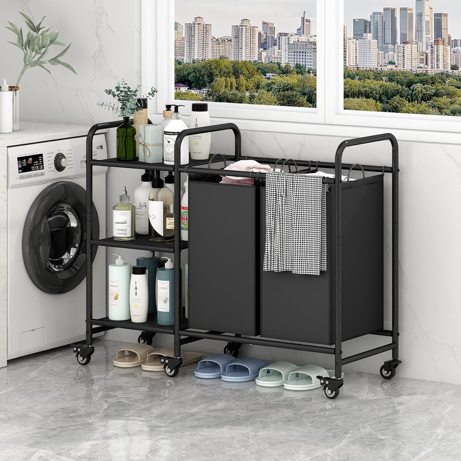 Hokku Designs 2 Bag Laundry Basket Sorter Cart With Storage Shelf ...