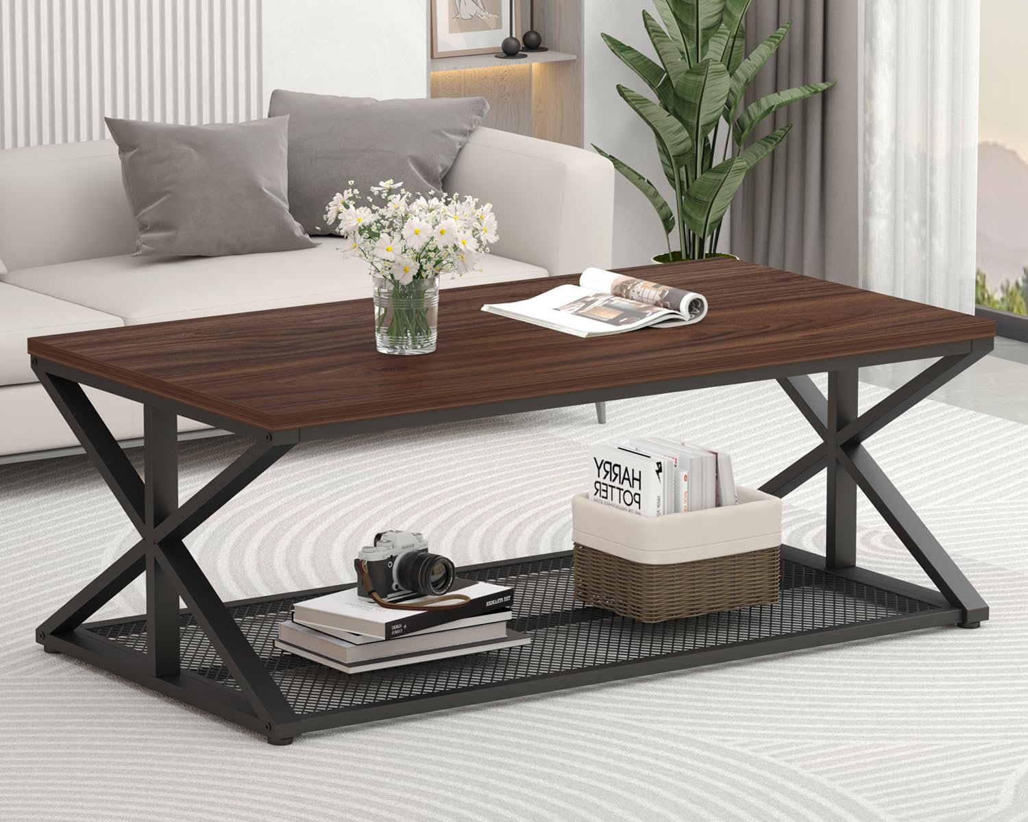 17 Stories Walnut Coffee Table With Storage, Industrial Wood Metal ...