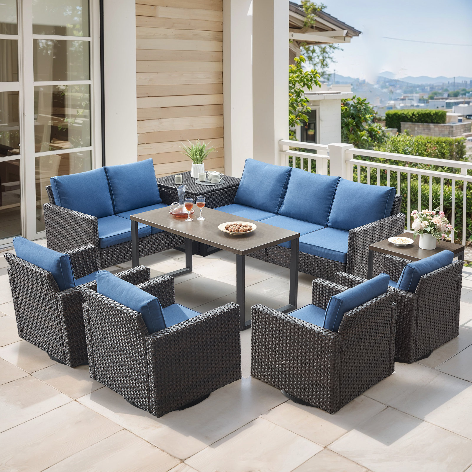 Latitude Run® 9 Person Outdoor Courtyard Wicker Family Conversation Set ...