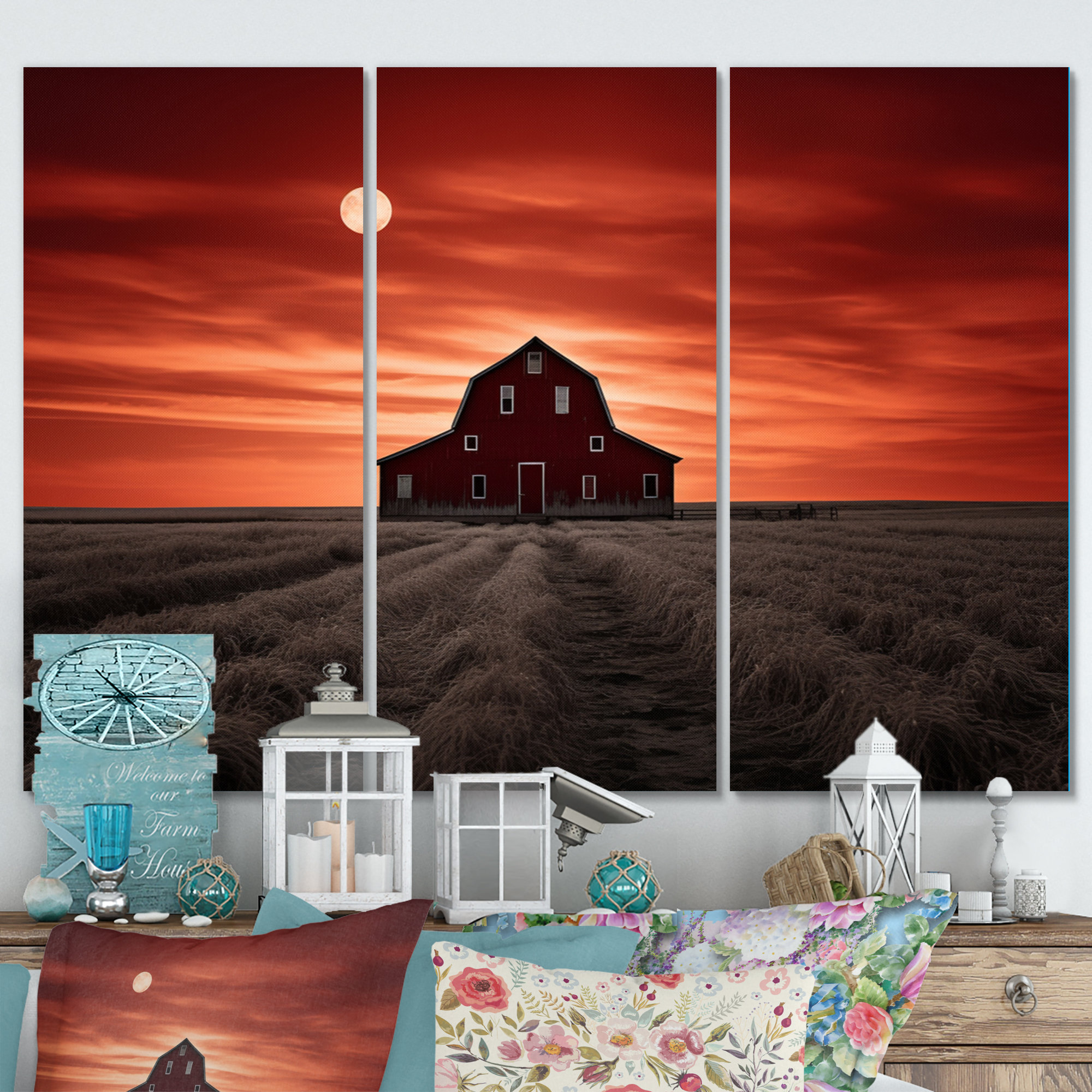Latitude Run® Barn Scenery At Dusk III - Farmhouse Metal Wall Art Set ...