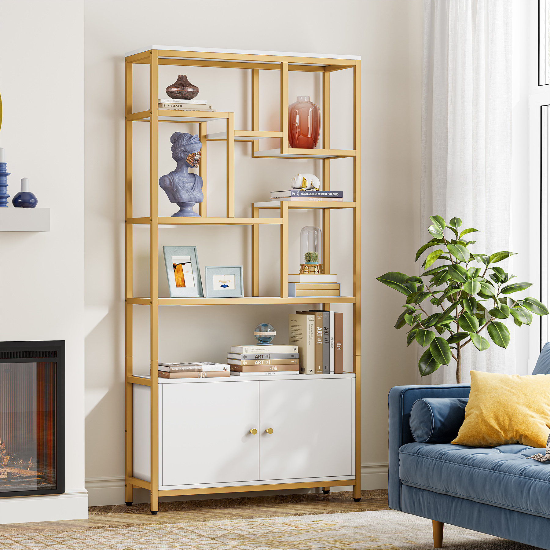 Everly Quinn White and Gold Bookcase with Doors & Reviews - Wayfair Canada