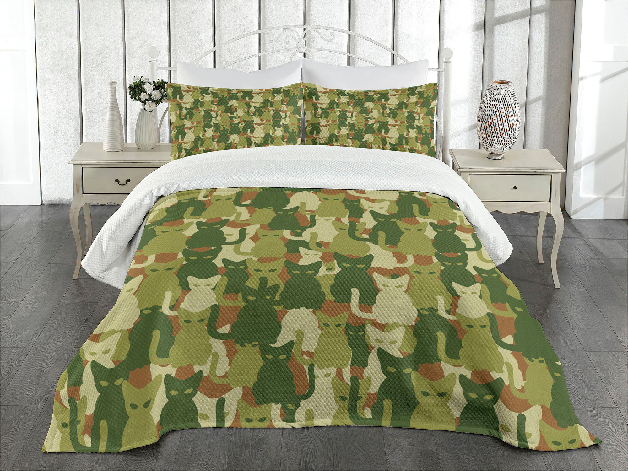 Ambesonne Cat Bedspread Set 3 Pcs Kitten Silhouettes Jungle King Green ...