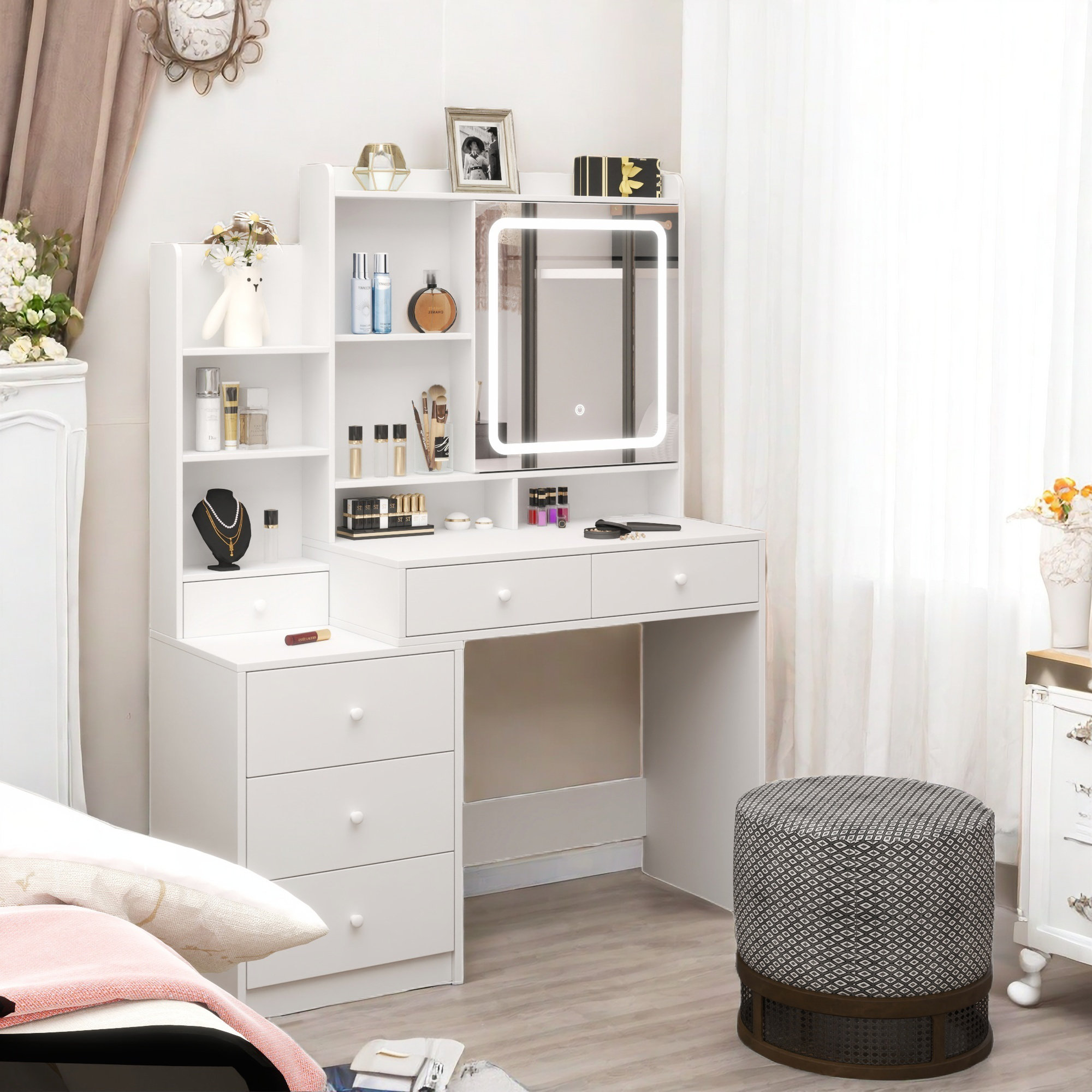 Ivy Bronx Knapp Makeup Desk With 6 Drawers, Sliding Lighted Mirror And ...