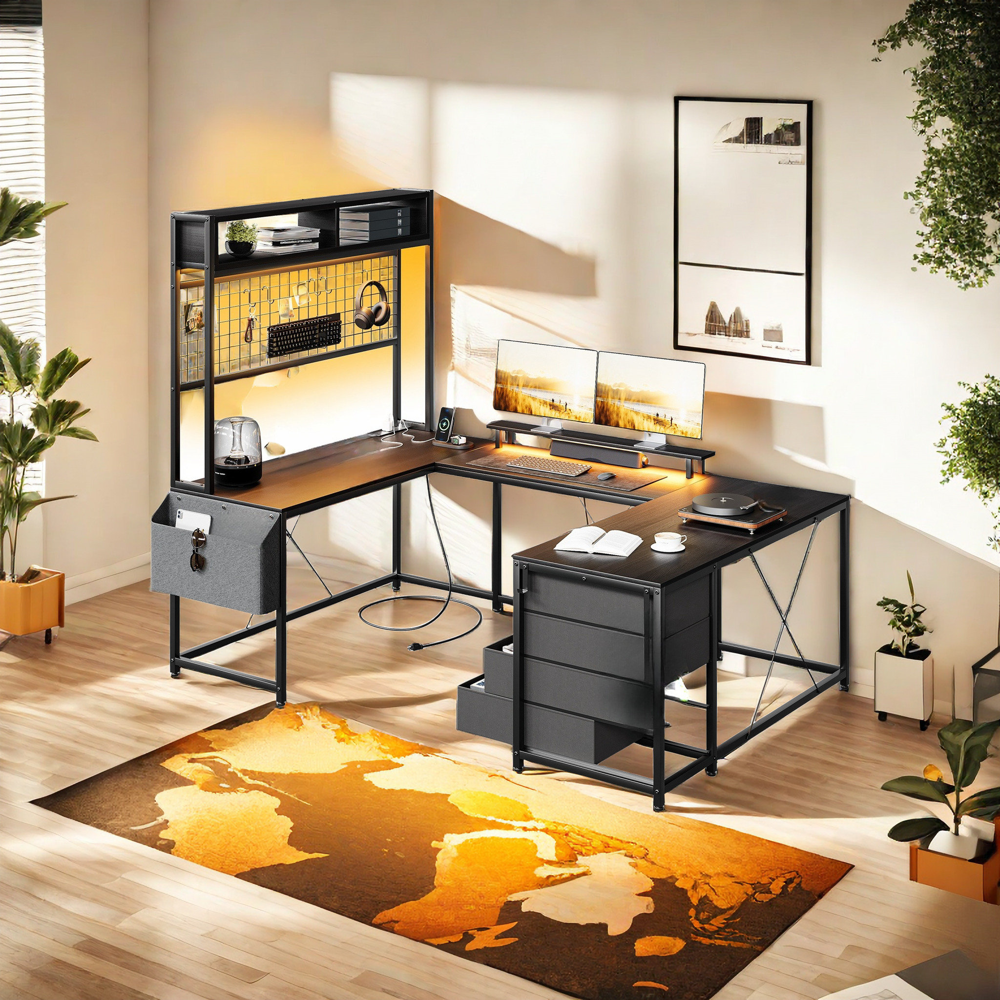 Inbox Zero U Shaped Gaming Desk With Led Lights And Storage Shelves ...