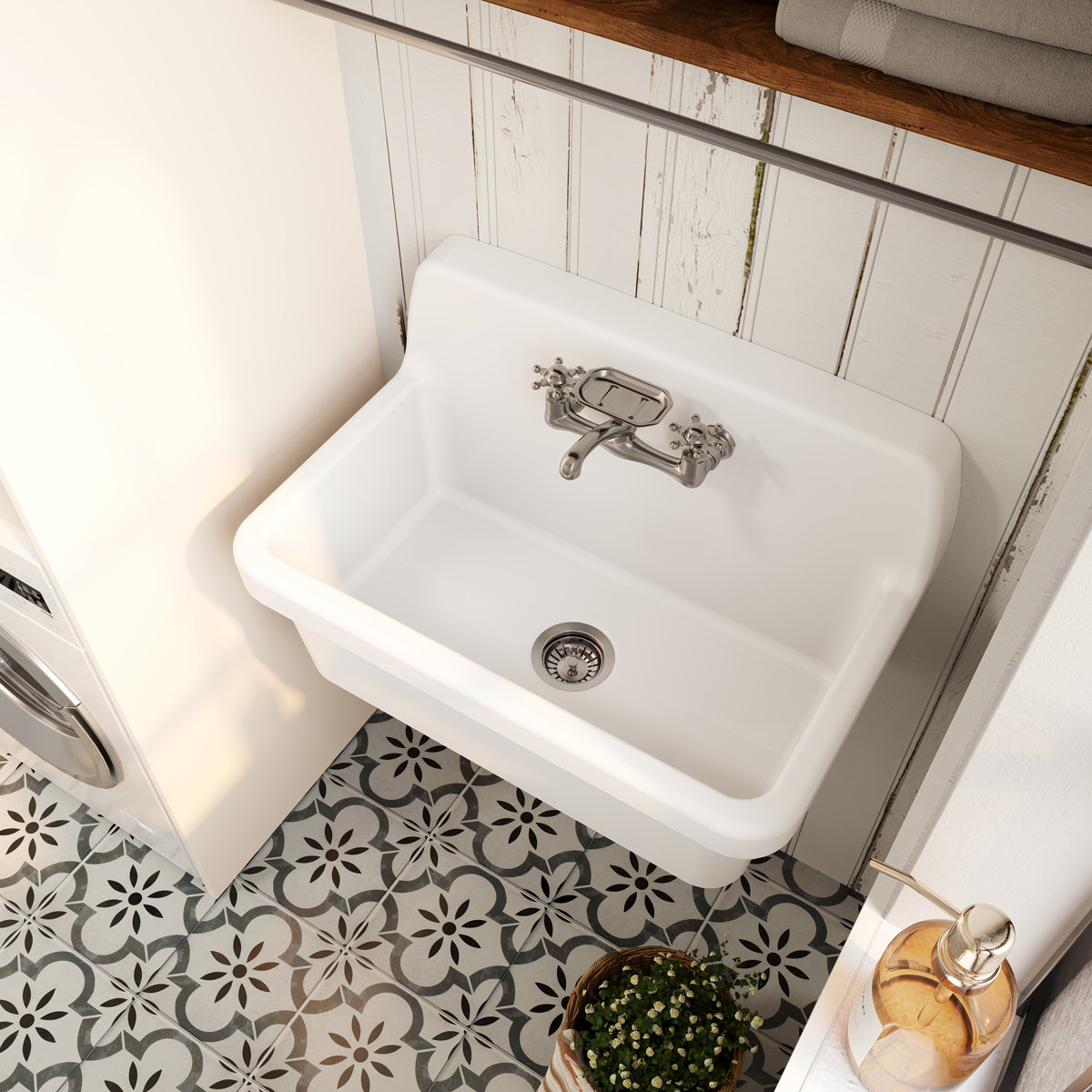 ELLAI 30” White Wall Mount Utility Sink High Back Ceramic Laundry Tub ...