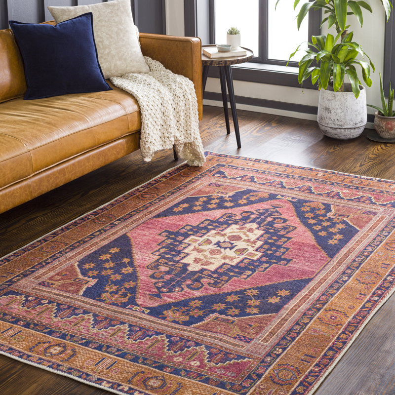 Birch Lane™ Westlake Machine Washable Oriental Dark Blue/Rose Area Rug ...