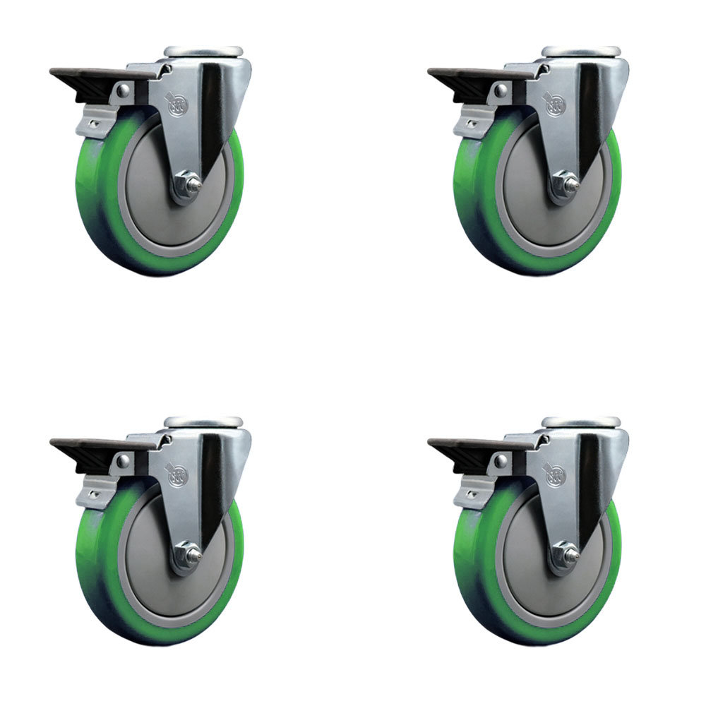 Service Caster 5 Inch Green Poly Wheel Swivel Bolt Hole Caster Set with ...
