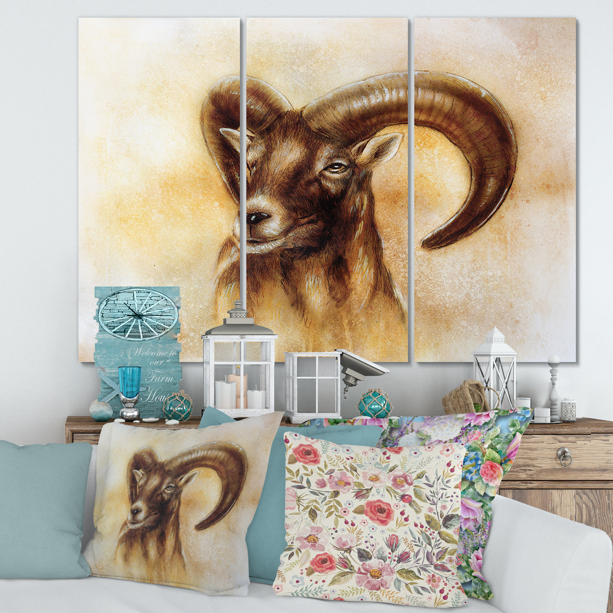 East Urban Home Portrait Of Wild Ram With Mighty Horns I - 3 Piece ...