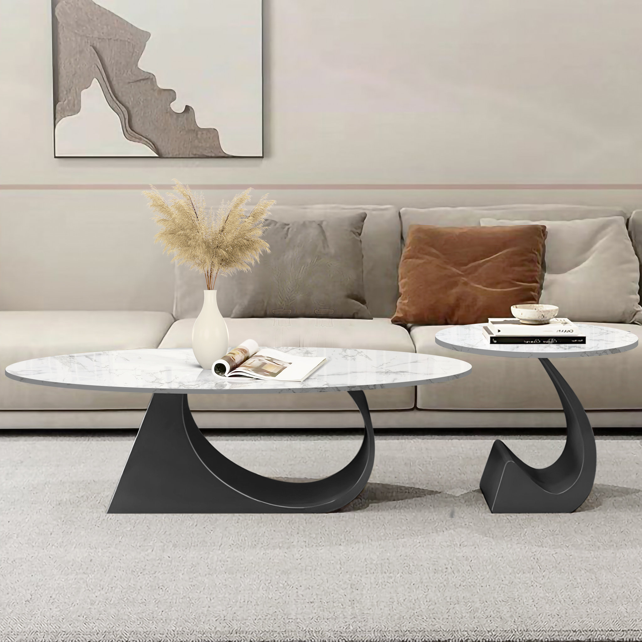 Wrought Studio™ Modern Designer Oval Coffee Table Set 47" And 20" White ...